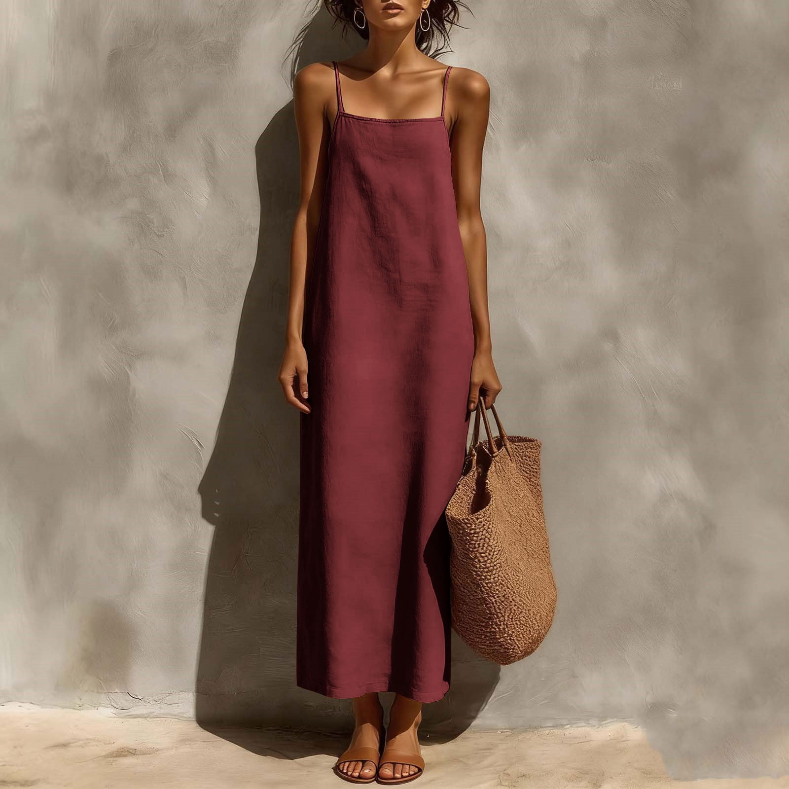 DPTALR Women's Square Neck Spaghetti Strap Linen Blend Loose Maxi Slip ...
