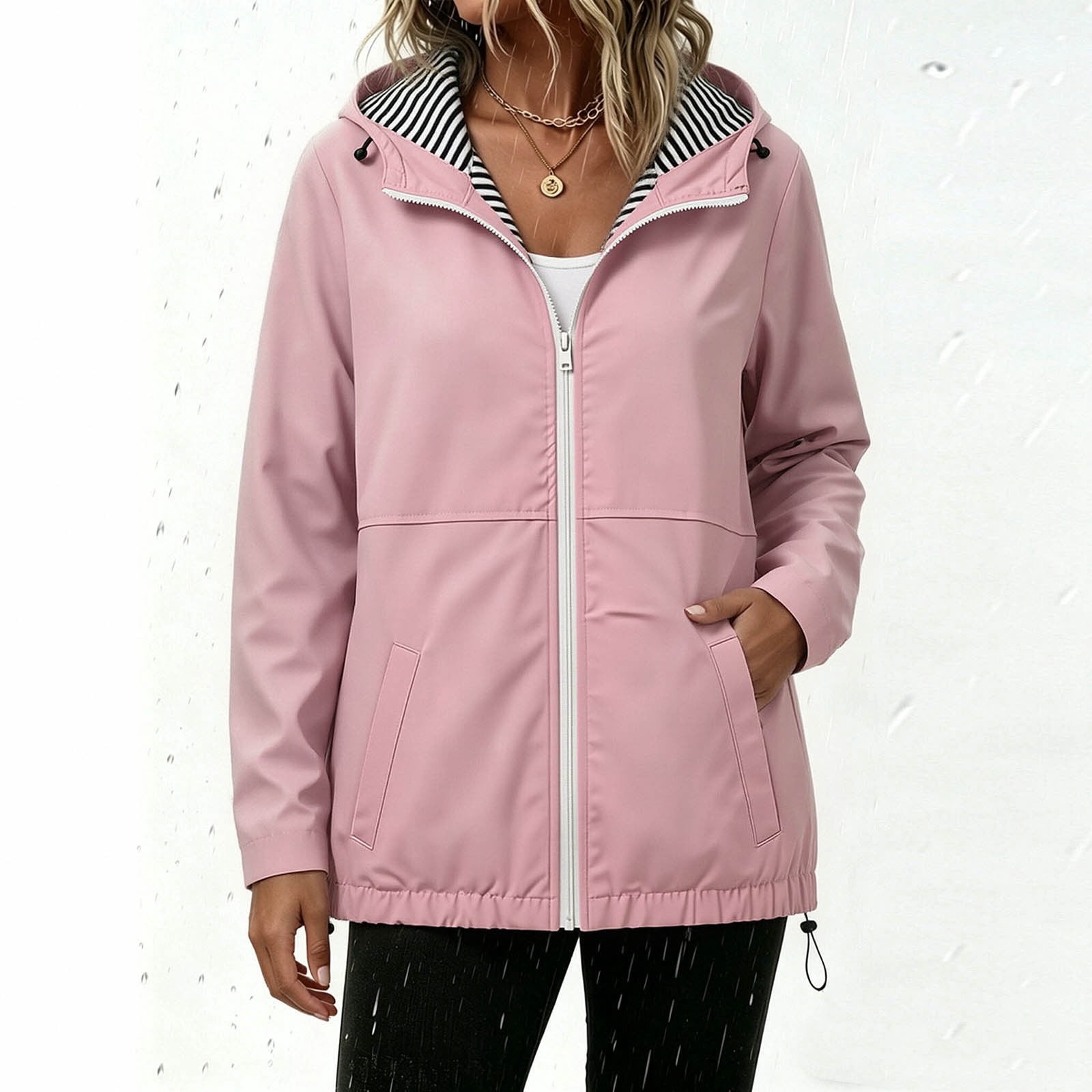 DPTALR Women's Striped Lined Hooded Water Resistant Windbreaker Jacket ...