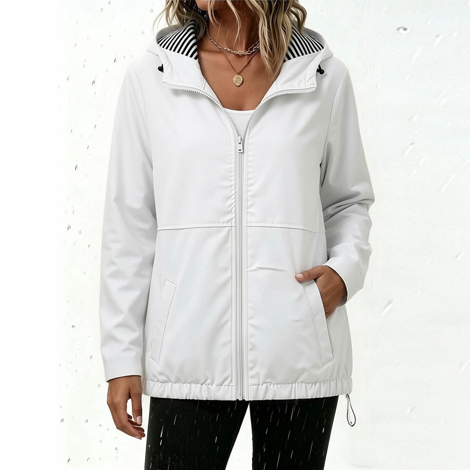 DPTALR Women's Striped Lined Hooded Water Resistant Windbreaker Jacket ...