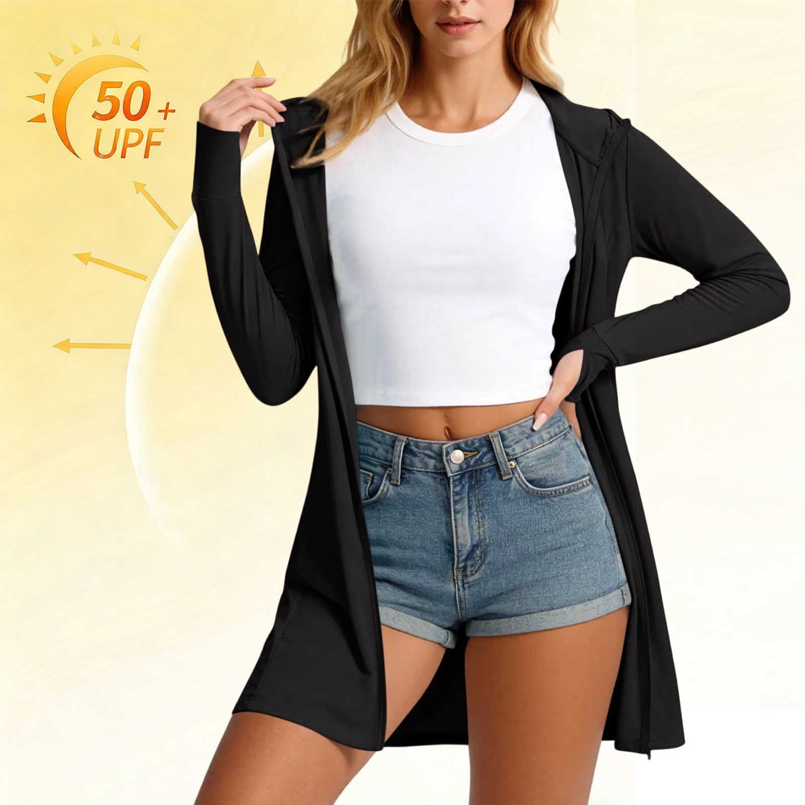 DPTALR Women's UPF 50+ Hooded Sun Protection Open Front Cardigan,Black ...