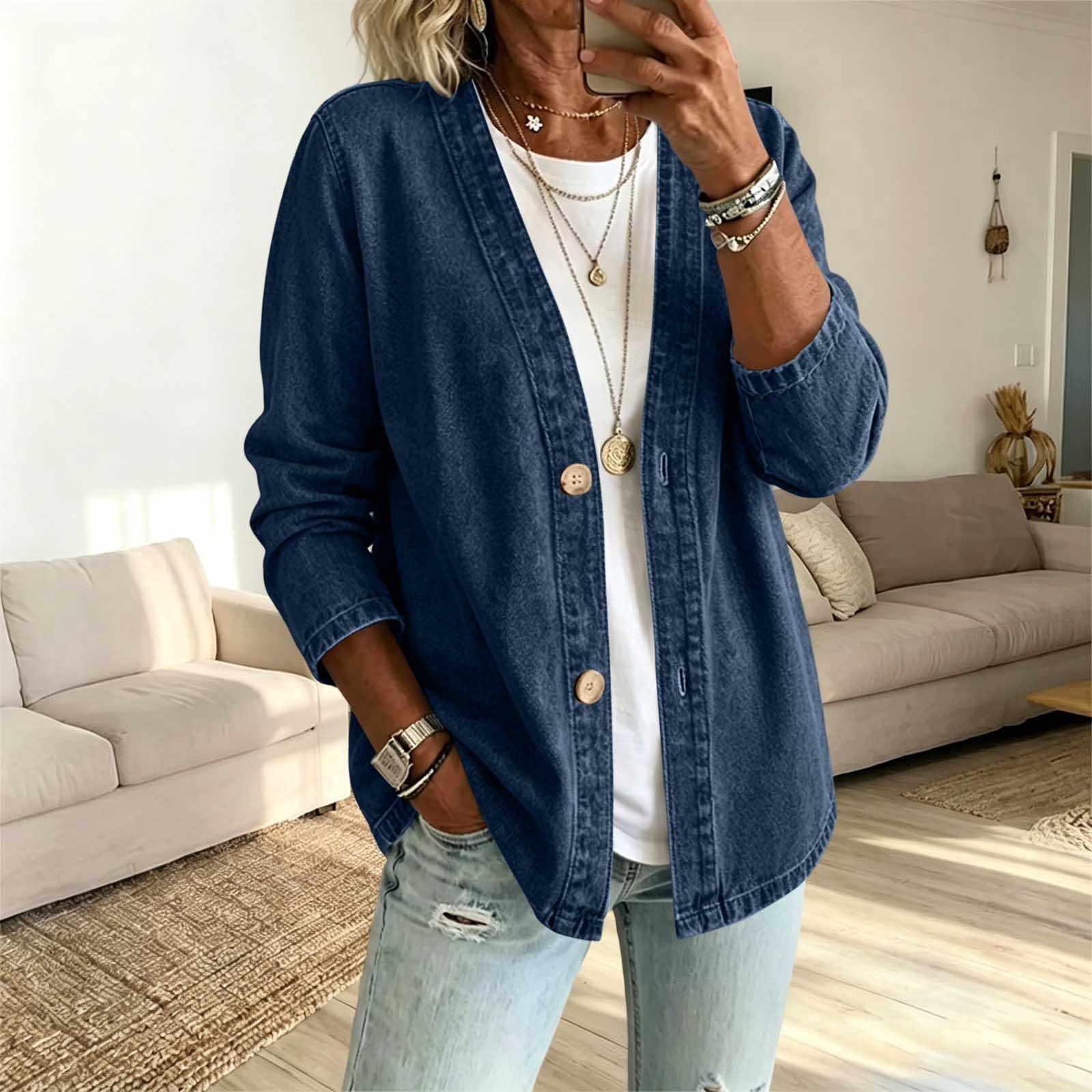 DPTALR Women's V Neck 3/4 Sleeve Denim Style Casual Cardigan Jacket ...