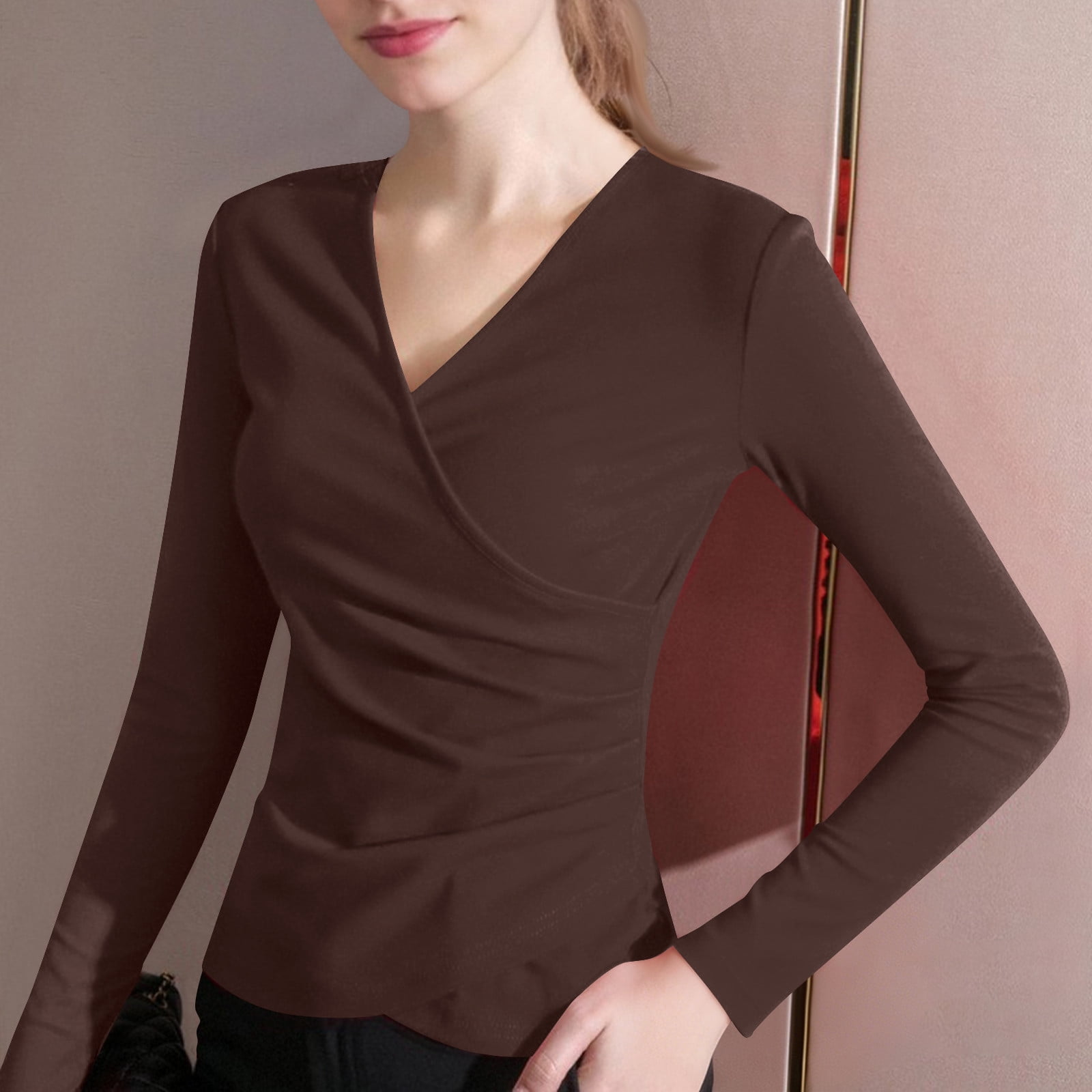 DPTALR Women's V-Neck Long Sleeve Base Layer T-Shirt,Coffee,Size M ...