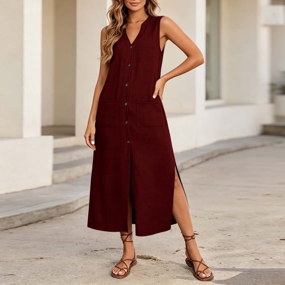 DPTALR Women's V Neck Sleeveless Button Front Linen Blend Midi Dress ...