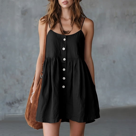 DPTALR Women's V Neck Spaghetti Strap Button Front Mini Slip Dress ...