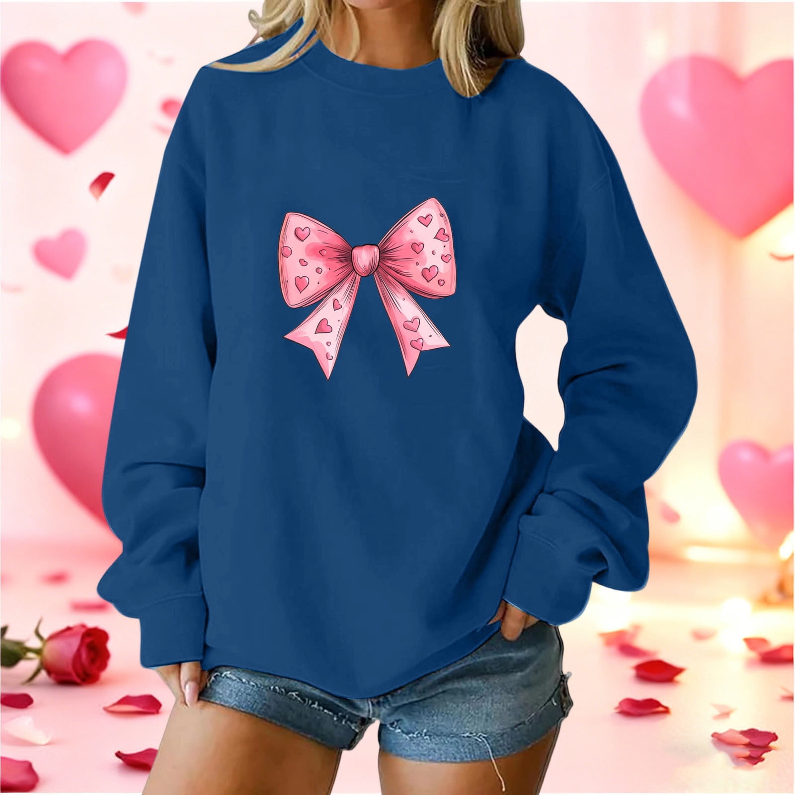 DPTALR Women's Valentine's Day Heart Bow Round Neck Loose Long Sleeve ...