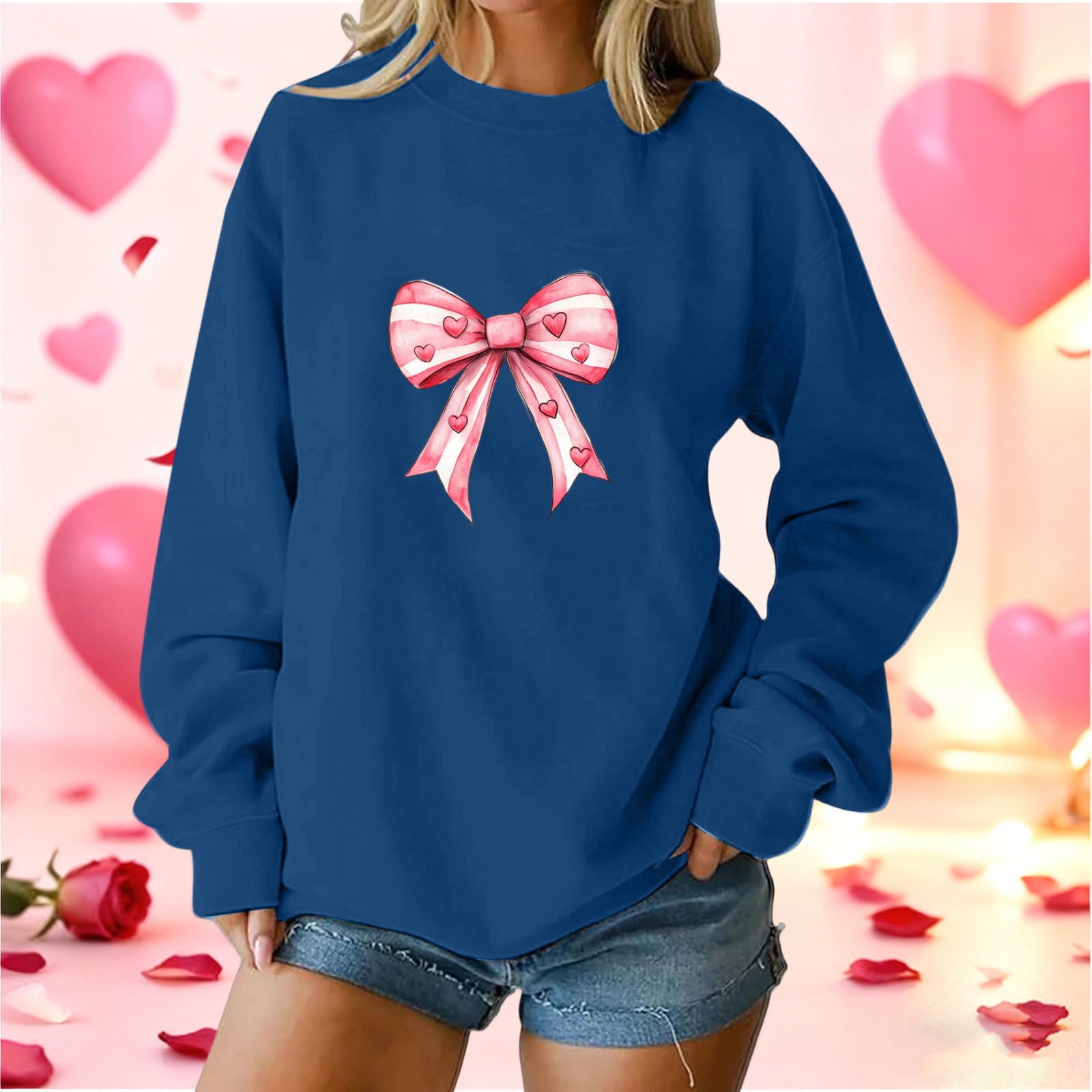 DPTALR Women's Valentine's Day Heart Bow Round Neck Loose Long Sleeve ...