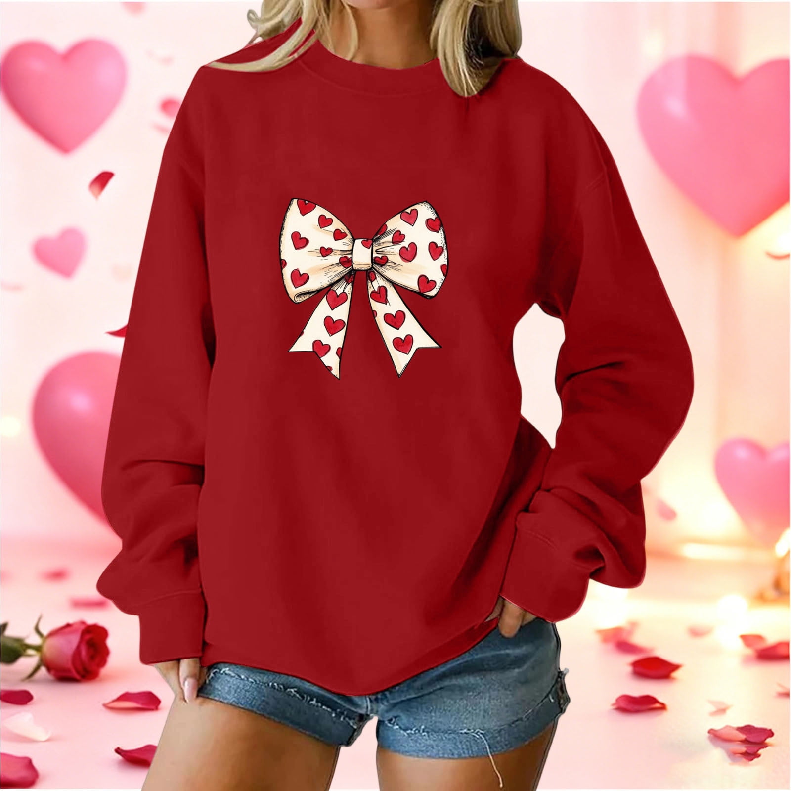 DPTALR Women's Valentine's Day Heart Bow Round Neck Loose Long Sleeve ...