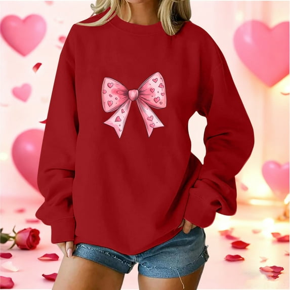DPTALR Women's Valentine's Day Heart Bow Round Neck Loose Long Sleeve ...