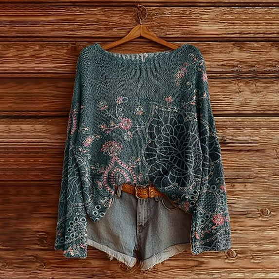 DPTALR Women's Winter Bohemian Printed Long Sleeve Round Neck Oversized ...