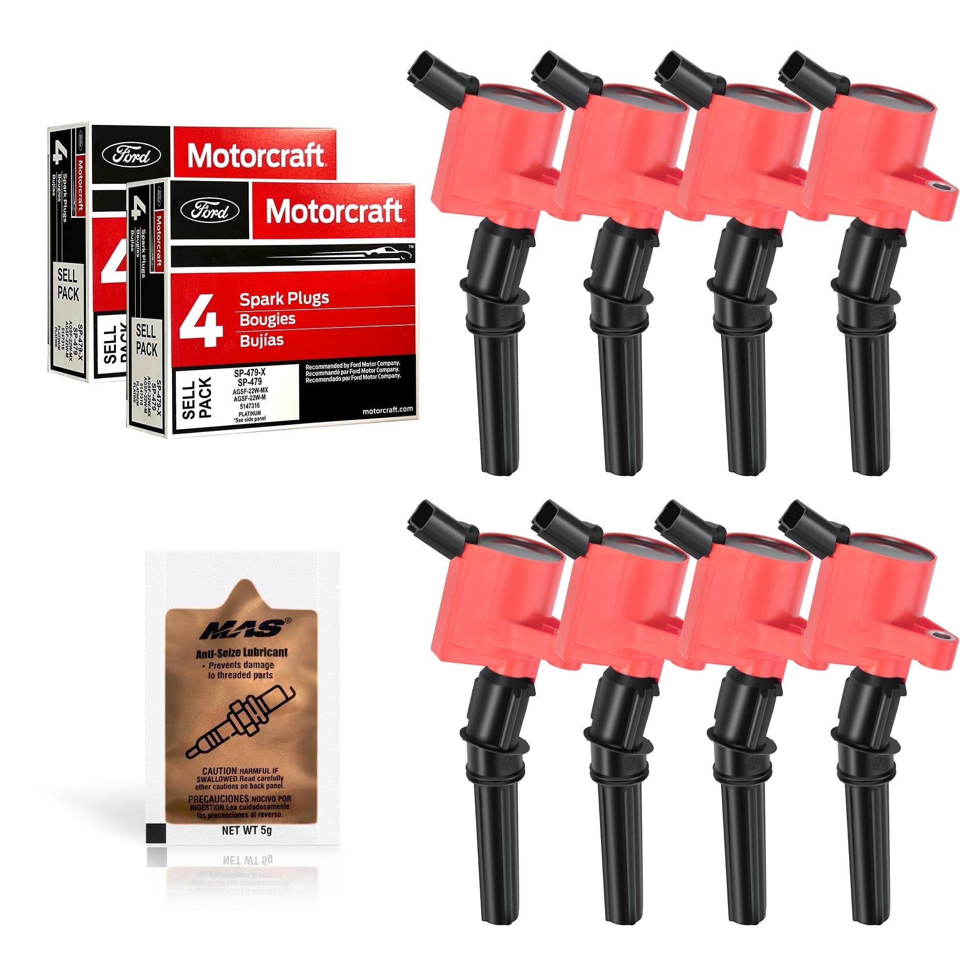 Set of 8 Red DG508 Ignition Coil & Motorcraft Spark Plug SP479 for Ford ...