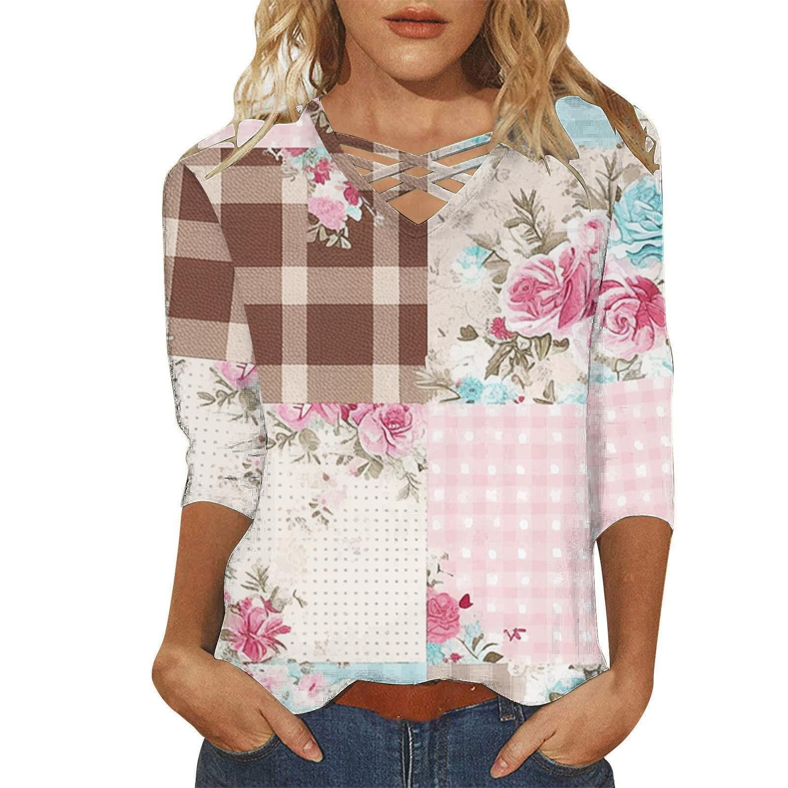 DQRPSEETB Cowl Neck Tops for Women Women's V Neck Seven Quarter Sleeve ...