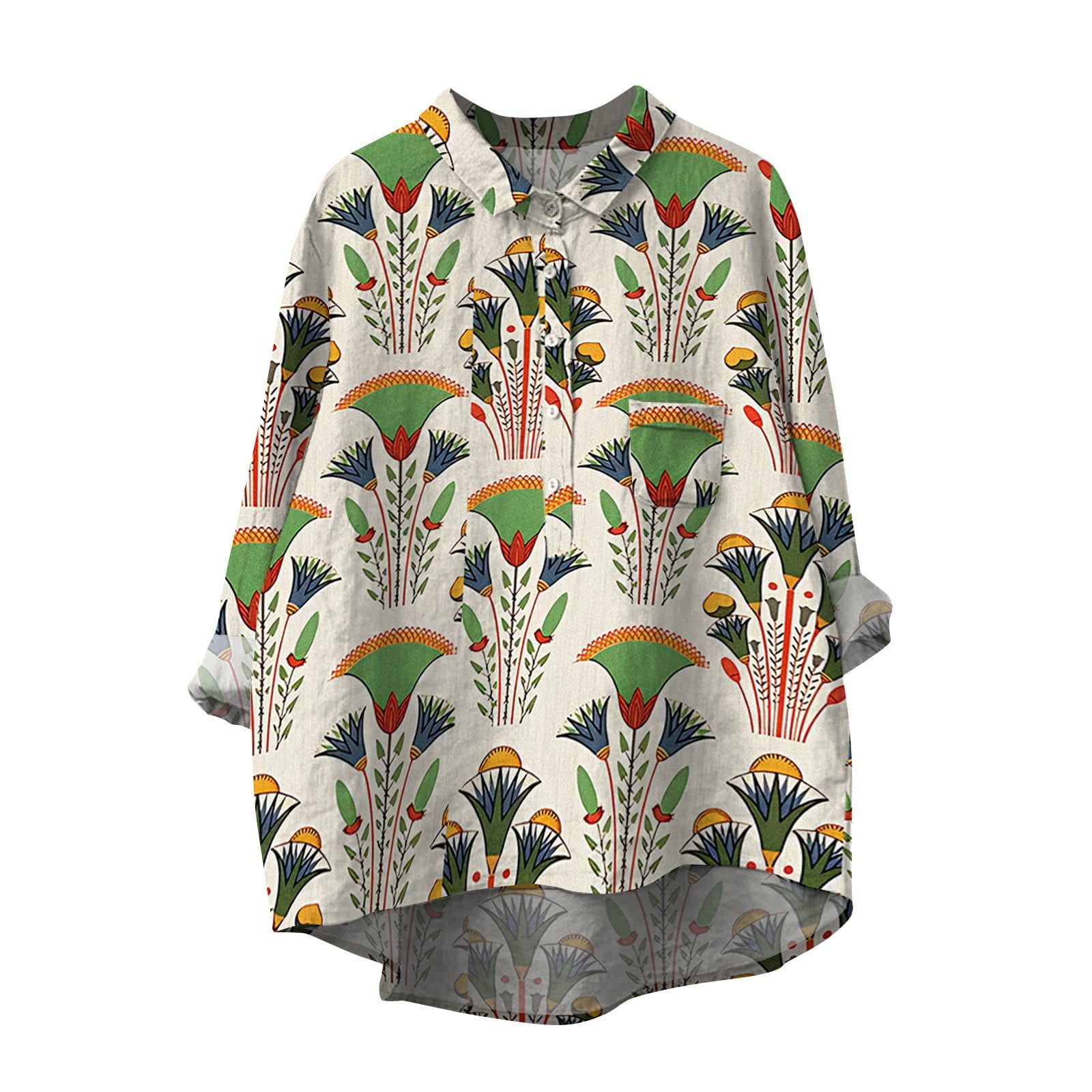 DQRPSEETB Plus Size Tops Women's Cotton Linen Flower Print Lapel Shirt ...