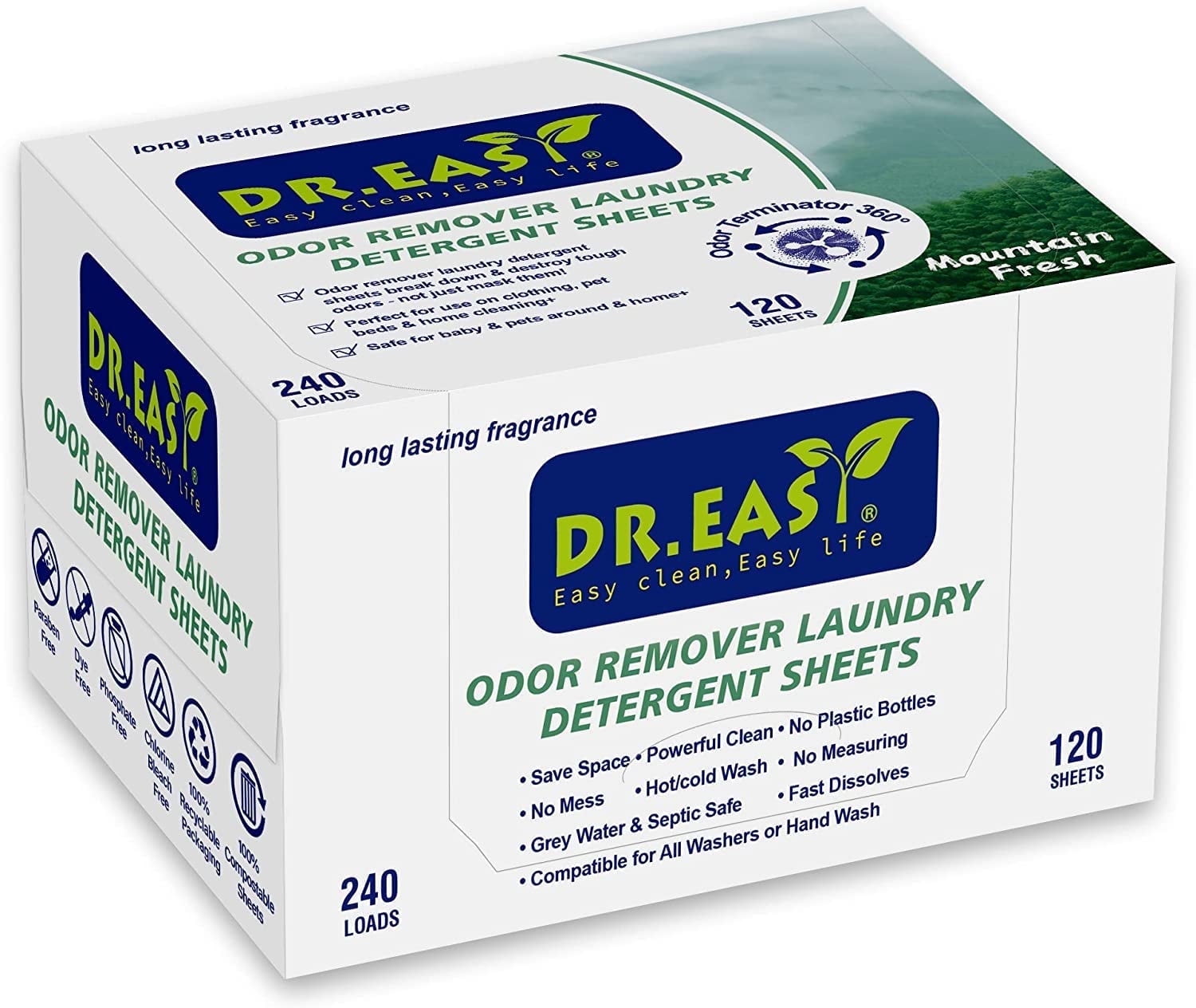 DR.EASY Laundry Detergent Sheets, Mountain Fresh, 120 Count, 240 Loads ...