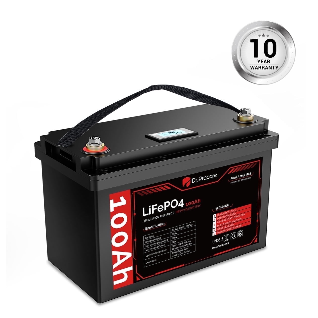 Dr. Prepare 100Ah LiFePO4 Lithium Deep Cycle Battery, LED Monitor, Built-In BMS, 3000+ Cycles ...
