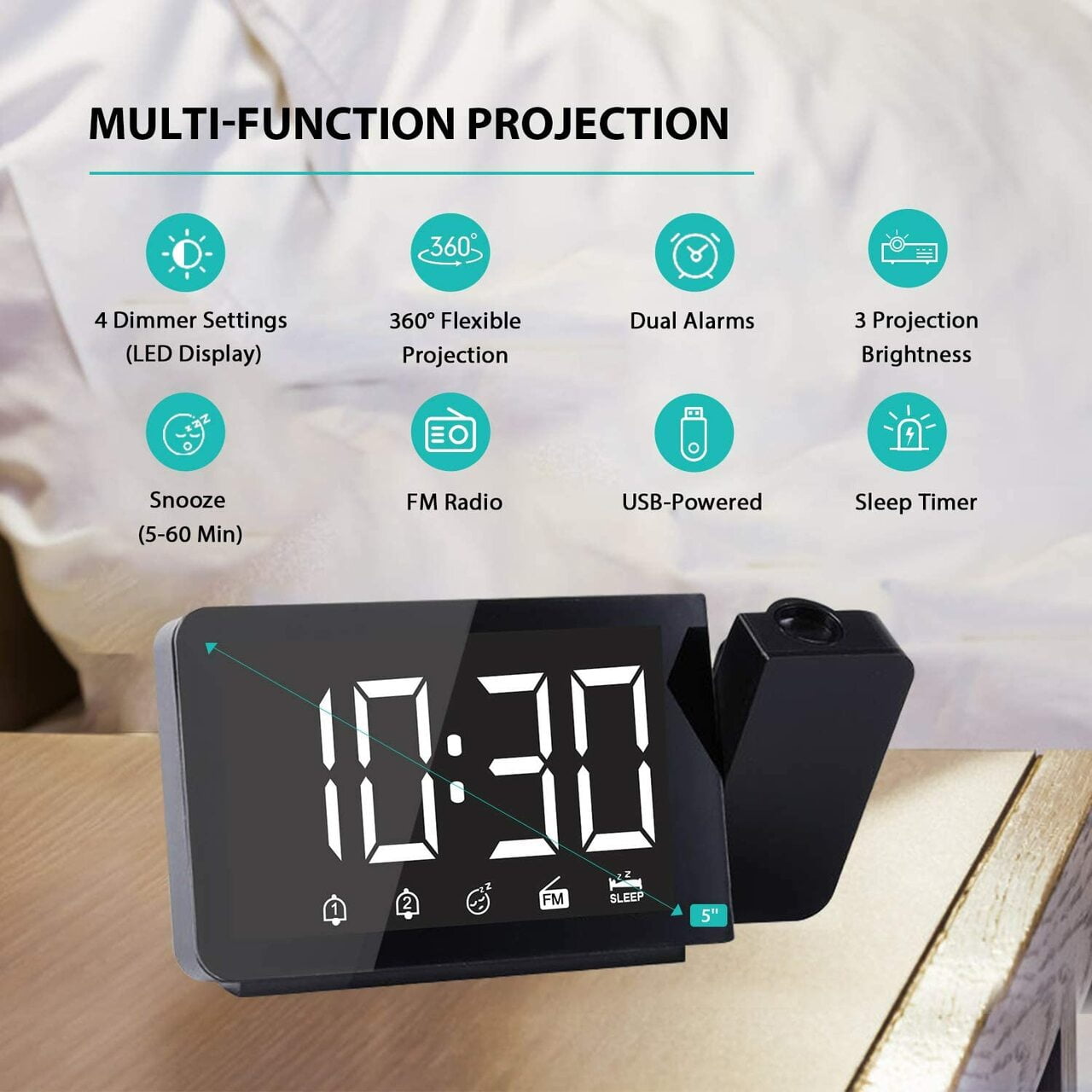 DR.PREPARE Projection Alarm Clock, Digital Clock with 360 Projector, 4 ...