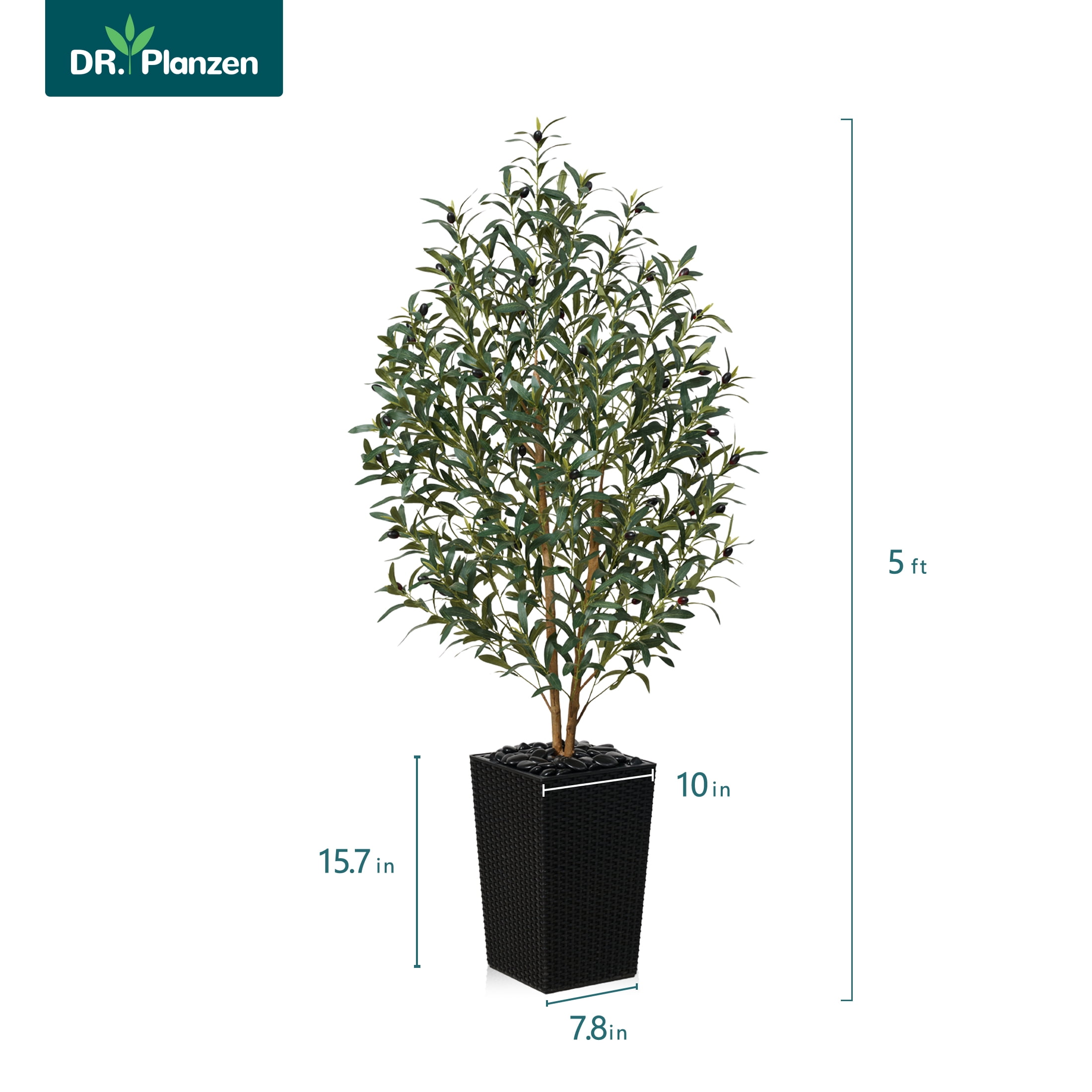 DR.Planzen 5FT Tall Artificial Olive Tree with Tall Black Planter, UV Resistant Silk Leaves ...