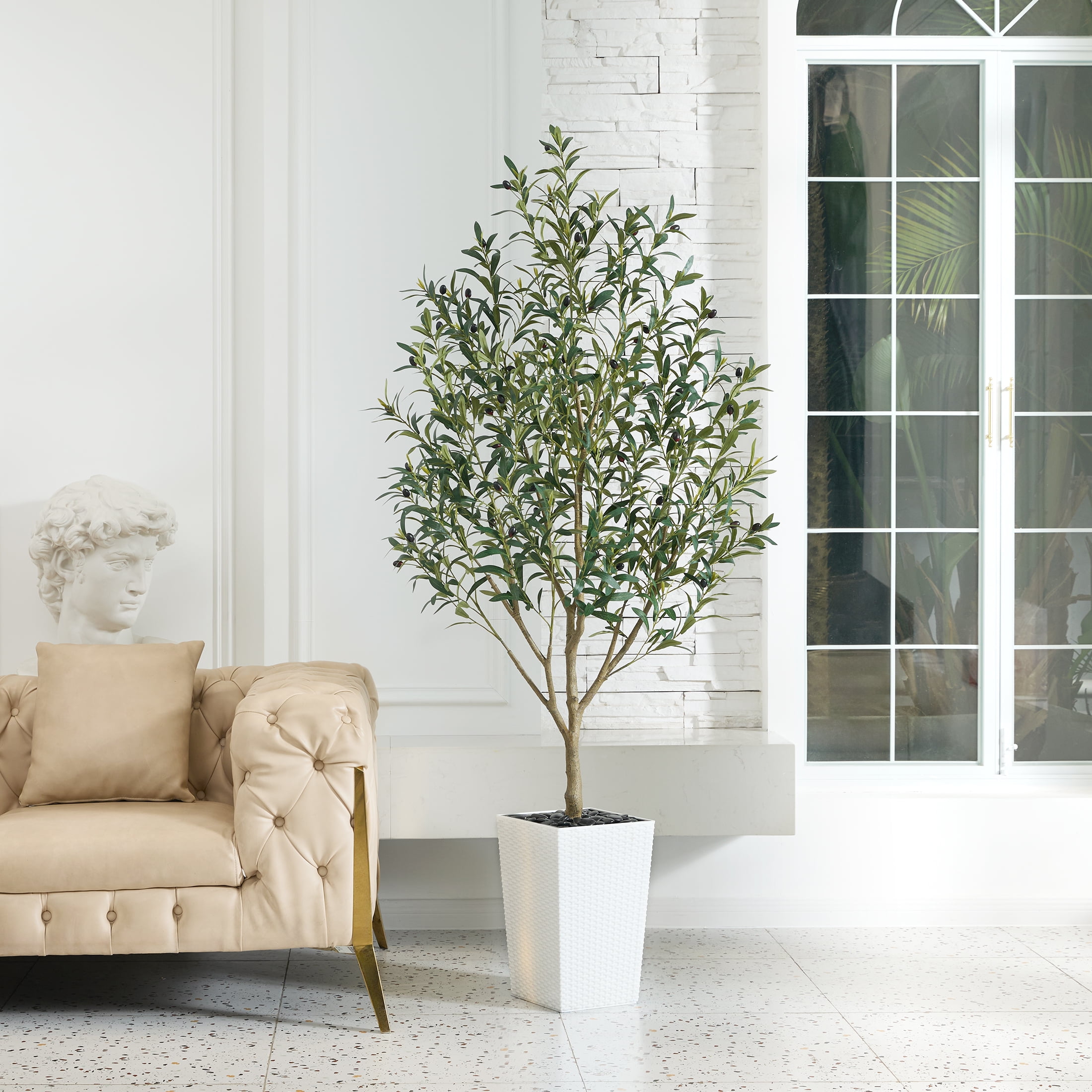 DR.Planzen 6ft Artificial Olive Tree with White Tall Planter, Realistic Silk Leaves UV Resistant ...