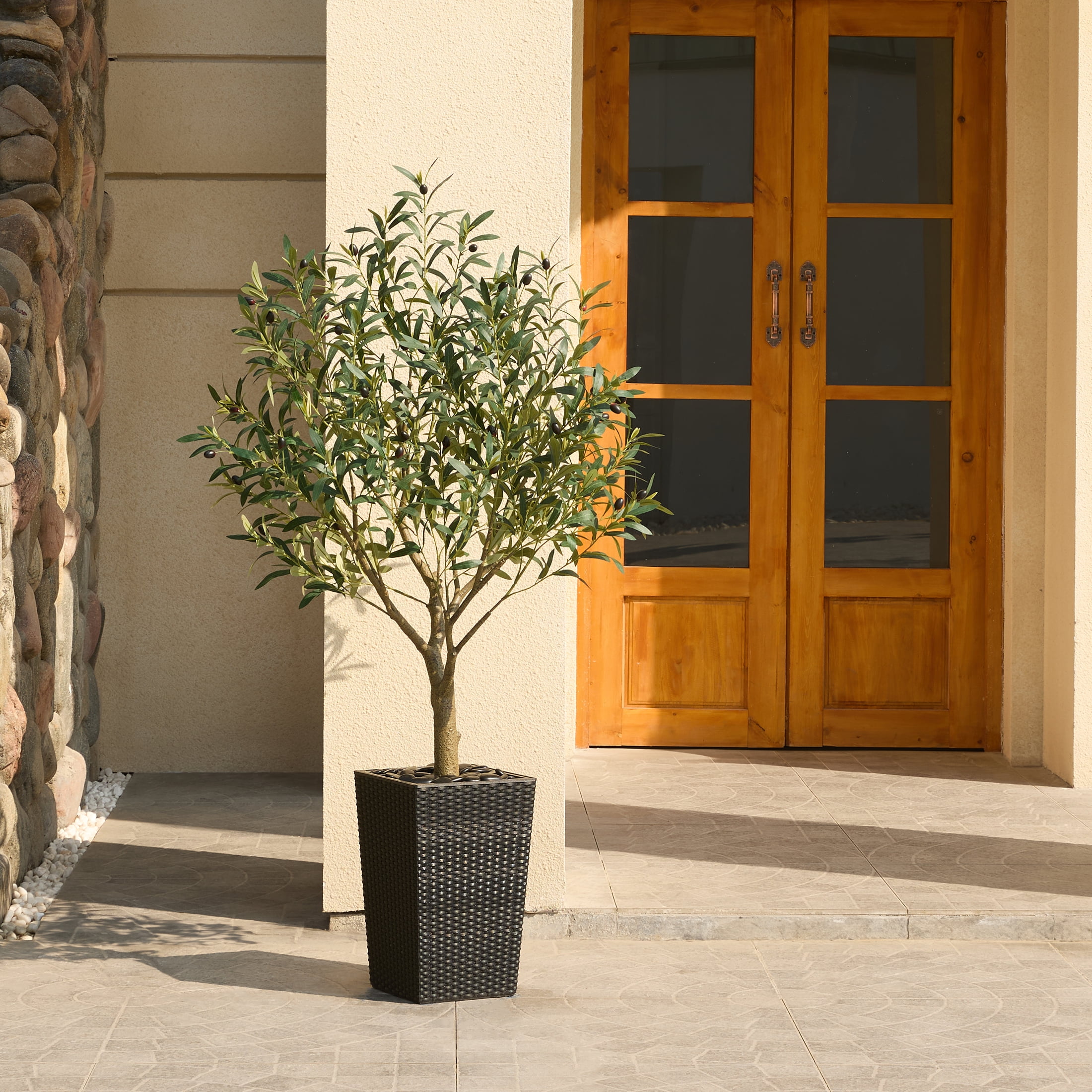 DR.Planzen UV Resistant 5ft Artificial Olive Tree in Black Large Planter with Pebbles– Faux ...