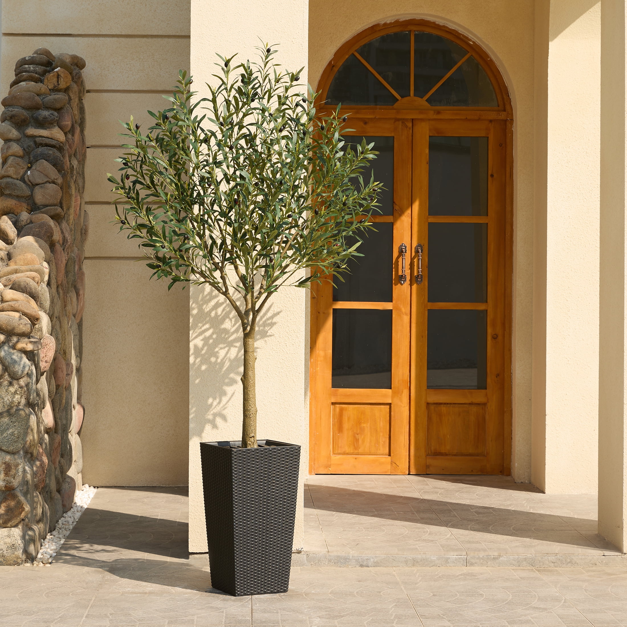 DR.Planzen UV Resistant 7ft Artificial Olive Tree in Black Large Planter with Pebbles– Faux ...