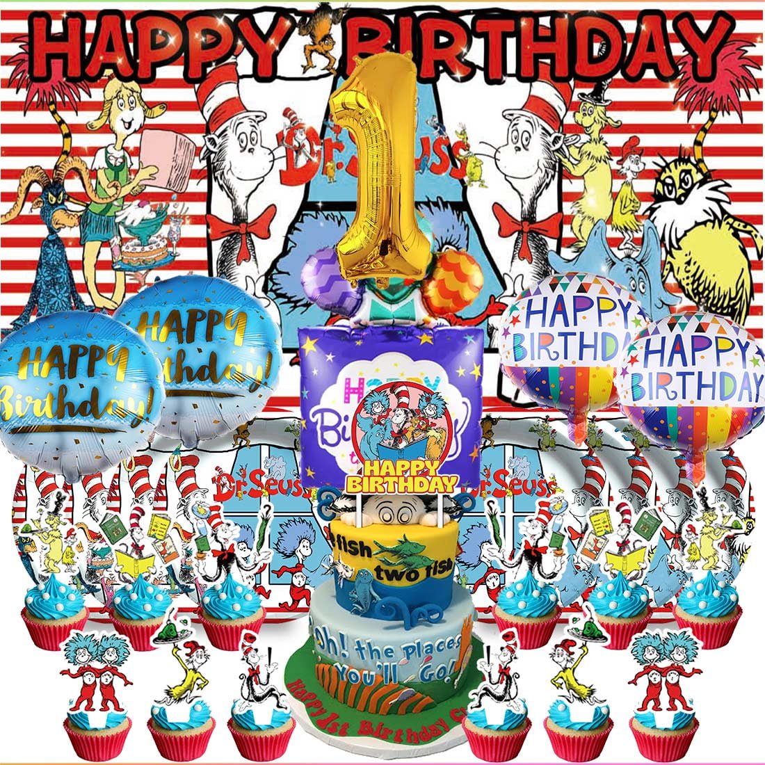 DR Seuss 1st Tableware Balloons Cake Toppers Backdrop Banner Supplies ...