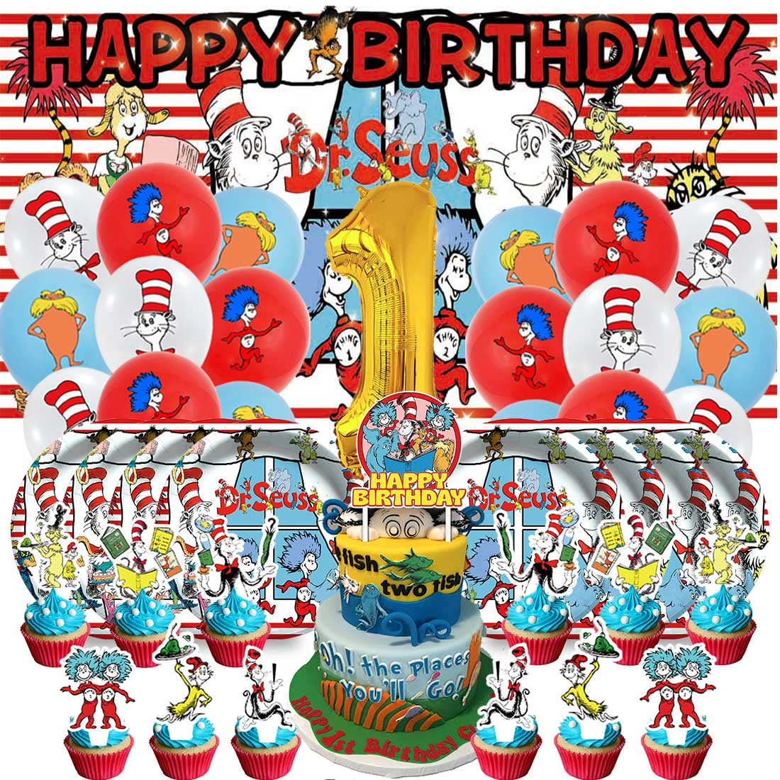 DR Seuss Balloons Party Supplies 1st Decor Tableware Birthday Cake ...
