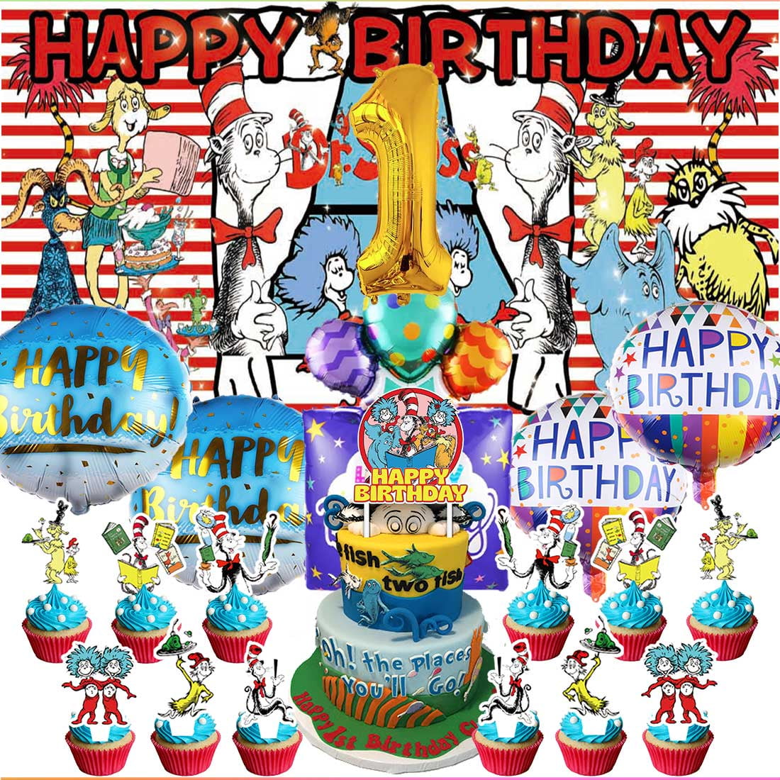 DR Seuss Party Supplies Decor 1st Kit Balloons Birthday Cake Topper ...