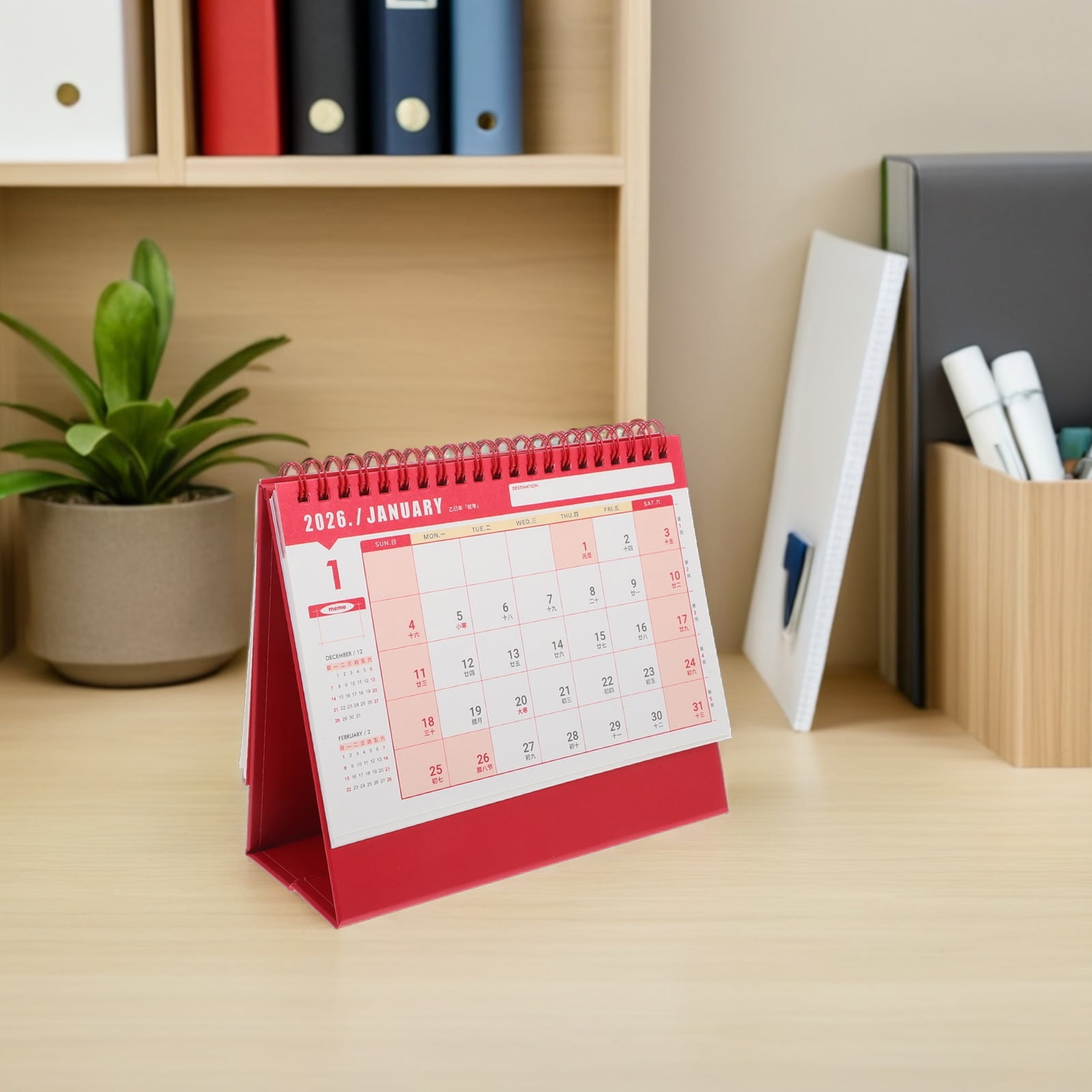 OUNONA Drafideep 2026 Desk Calendar, Red, Ultra-Thin Portable Design ...