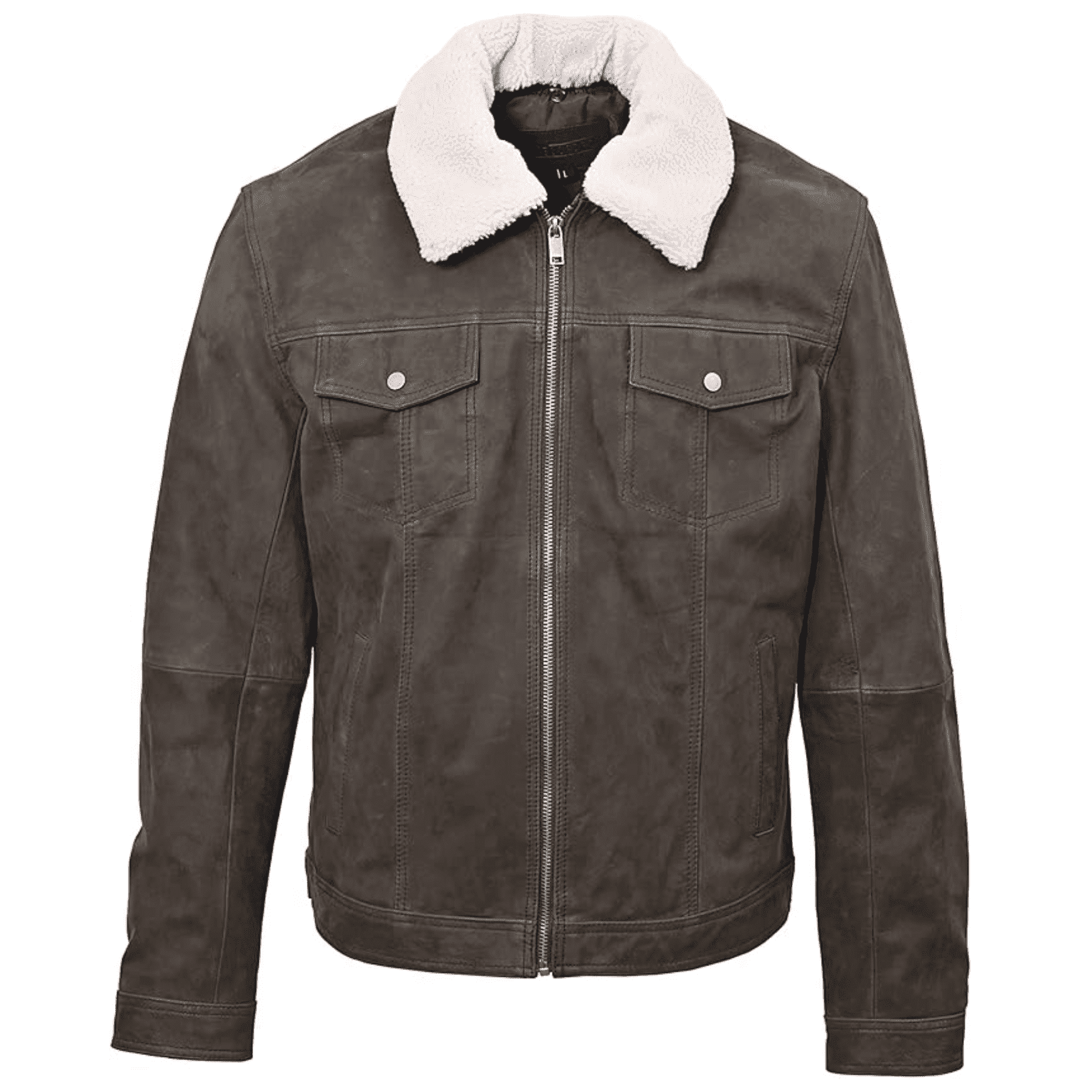 DRAKE Men's Brown Pilot style leather jacket Sherpa collar Long sleeves ...