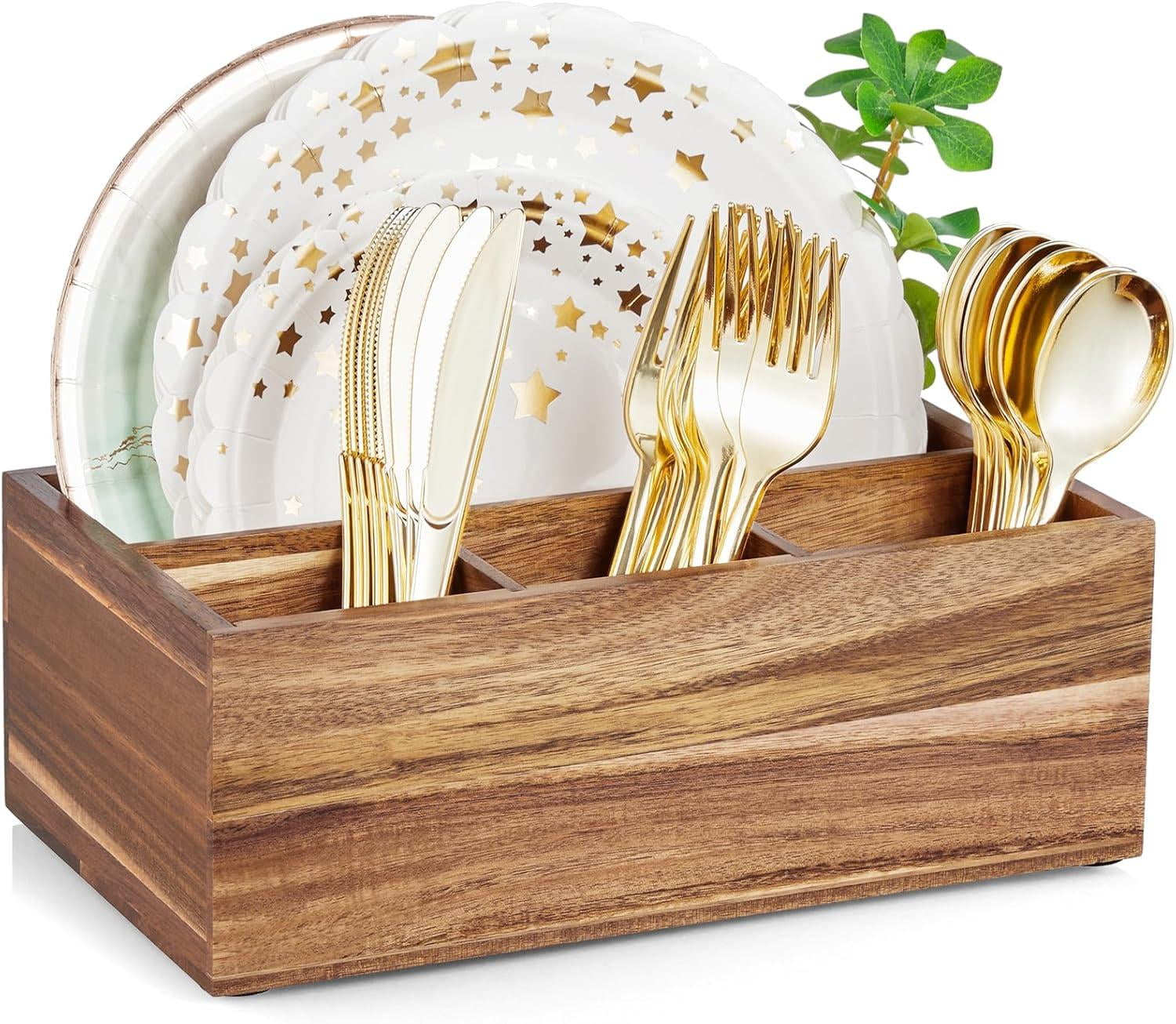 DRASTAR Paper Plate Dispenser, Acacia Utensil Caddy Organizer, Large ...