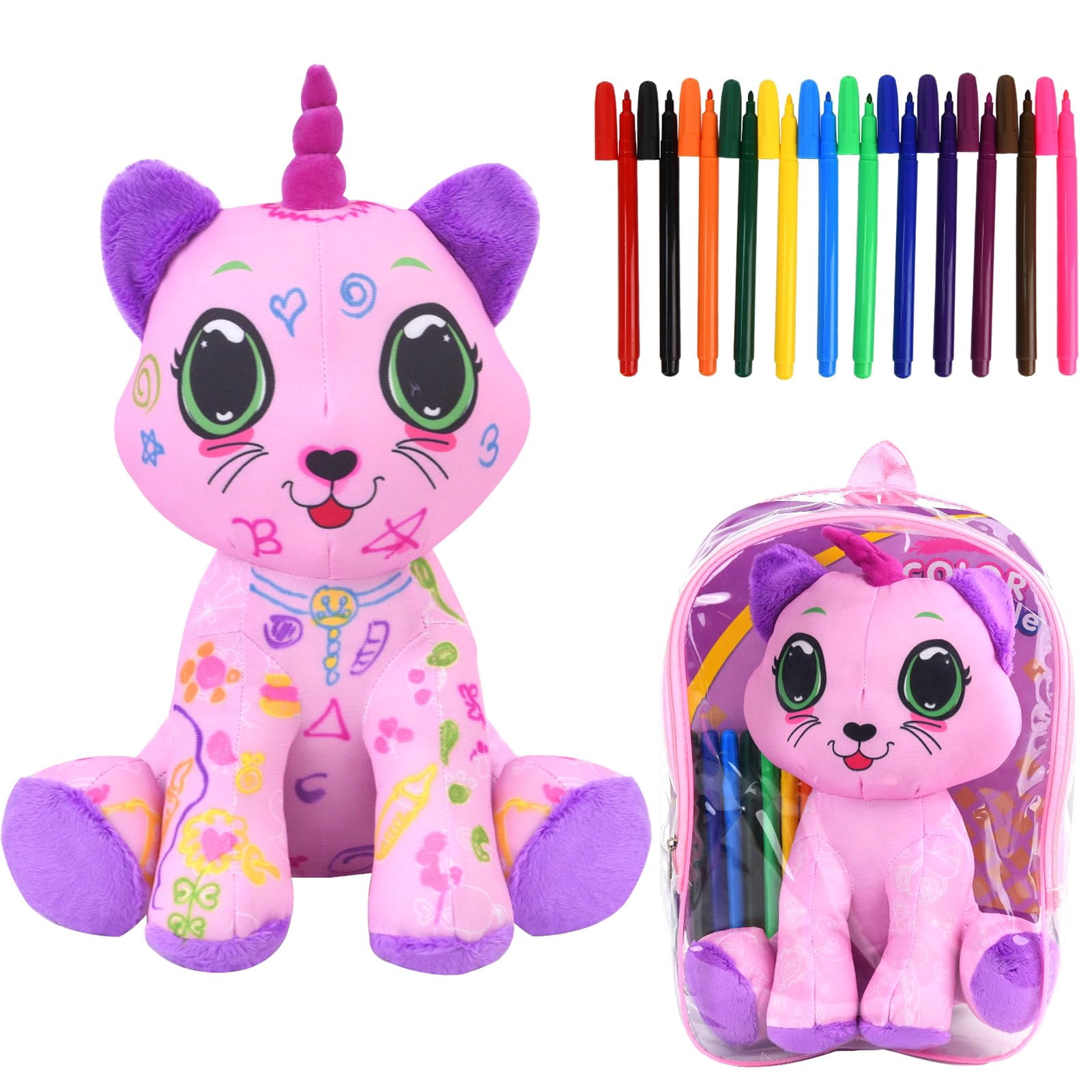 DRAWMYTOY Coloring Plush Toy with 12 Washable Markers for Little Girls ...