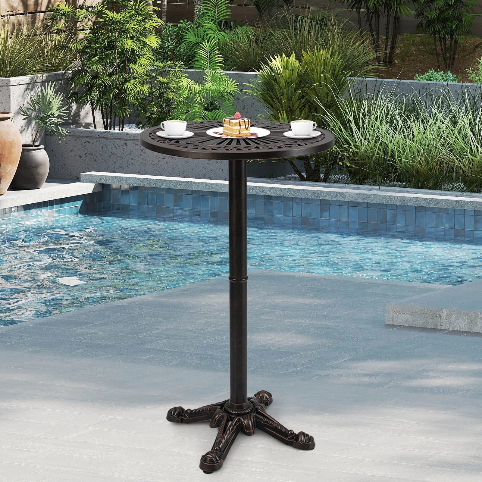 DRAZUNO 24” Patio Round Bar Table w/Carved Texture for Garden Backyard ...