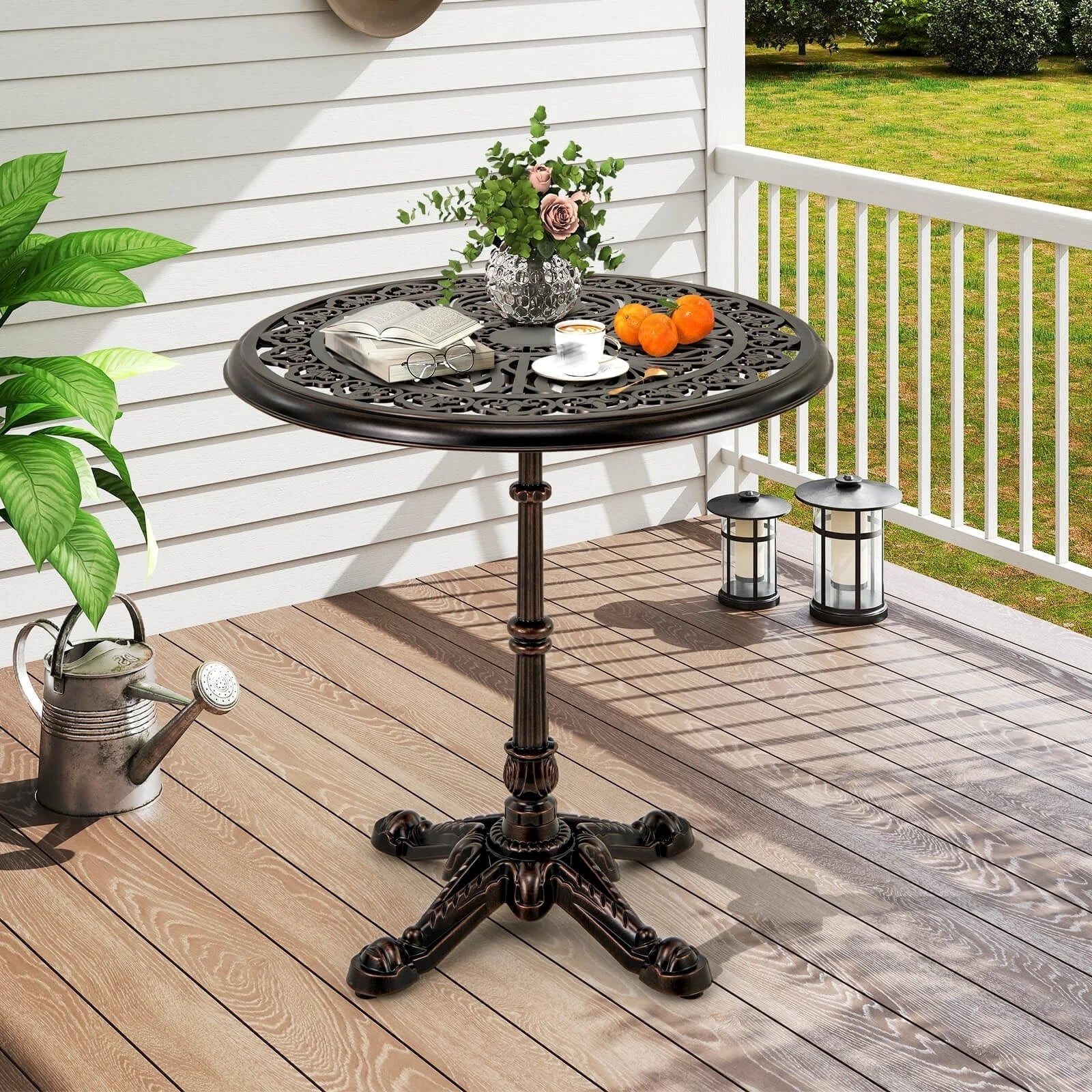 DRAZUNO 27” Round Cast Aluminum Patio Bistro Table w/Hollow Top Cross ...