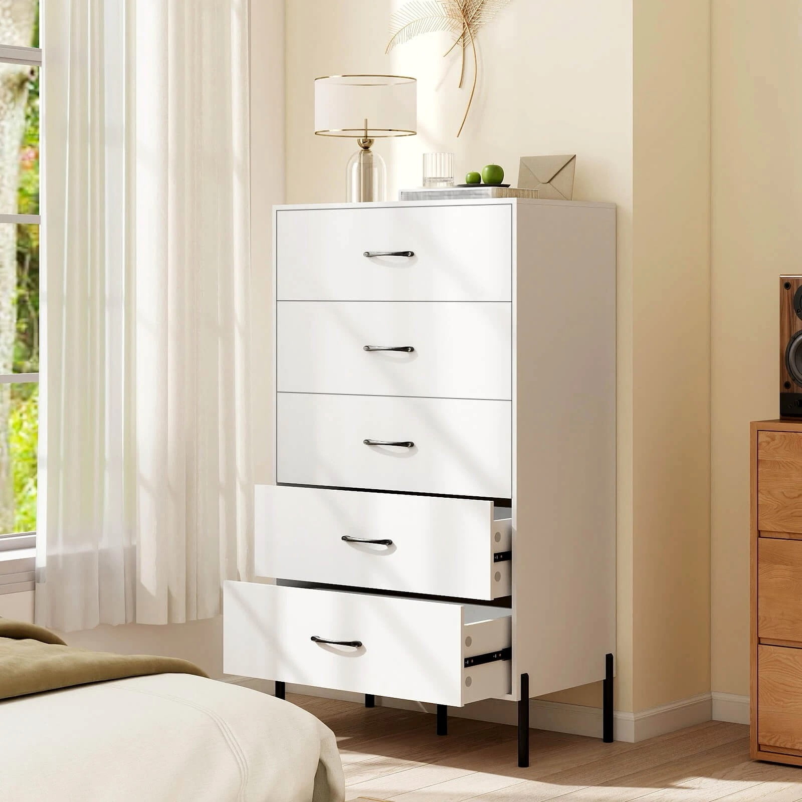 DRAZUNO 5-Drawer Dresser w/Metal Legs & Handles, Anti-Tipping Kits for ...
