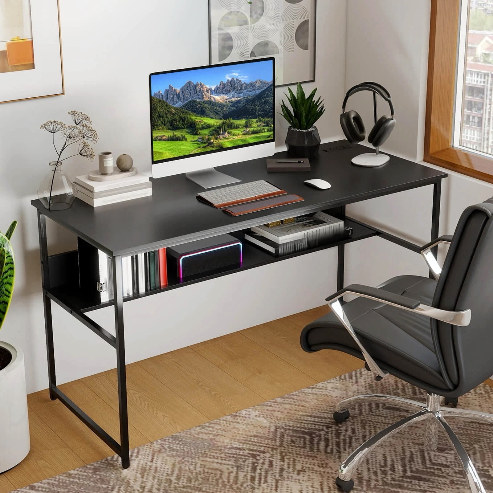 DRAZUNO 55" x 24" Computer Desk w/Power Outlets & USB Ports, Storage Shelf, Metal Frame ...