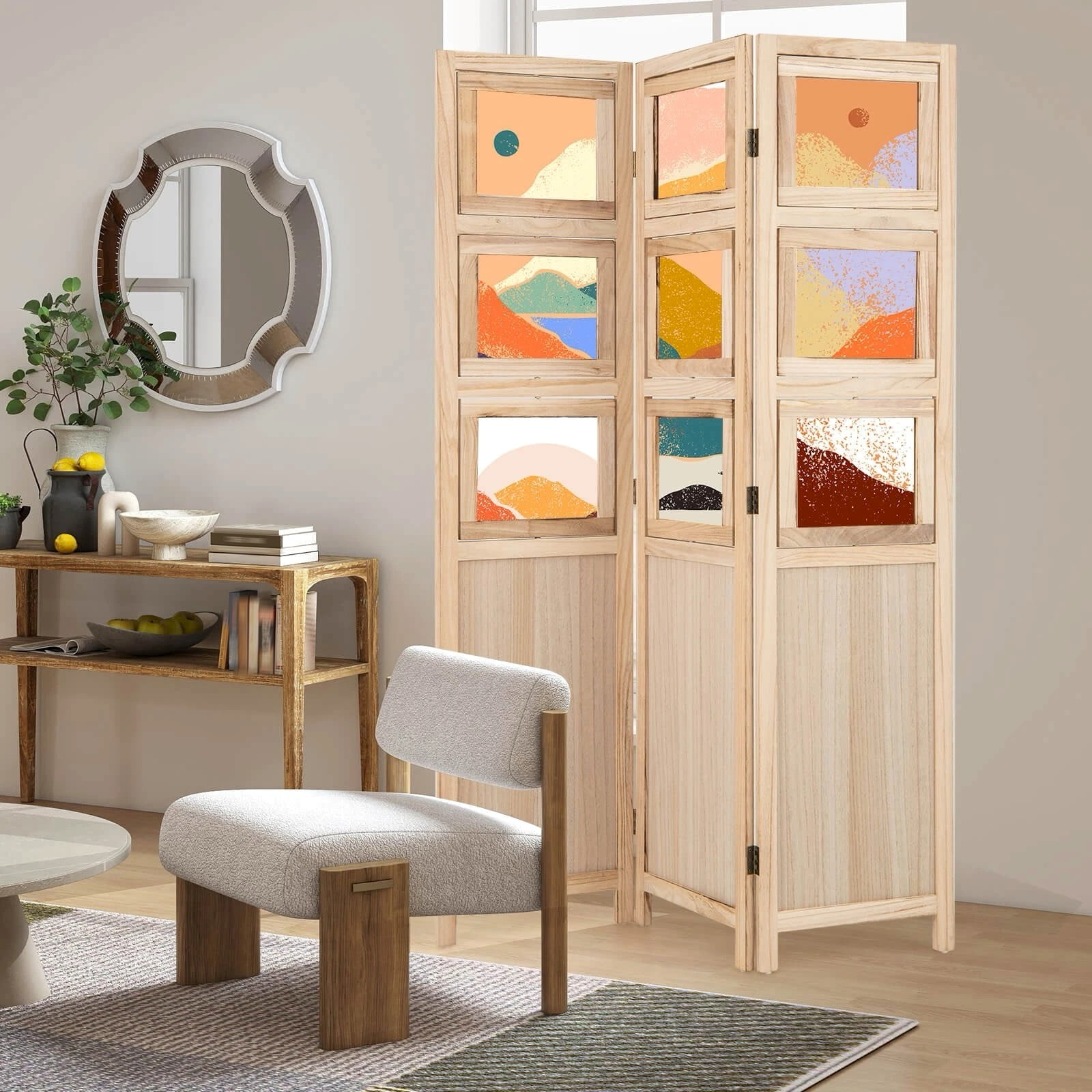 DRAZUNO 67” 3 Panel Room Divider w/Paulownia Wood Photo Frames Metal ...
