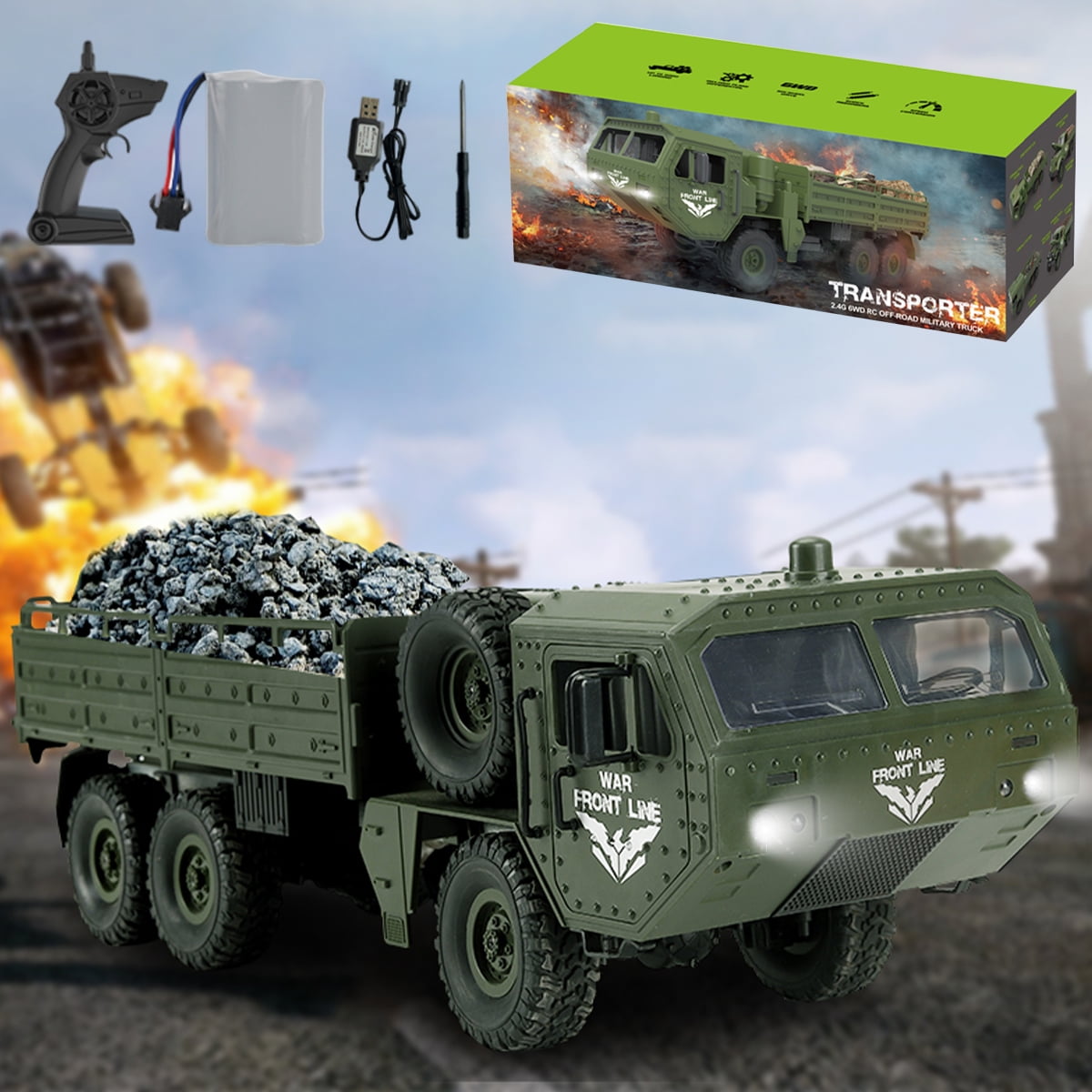 DRBIT RC Military Truck 6WD Rechargeable 2.4GHz Remote Control Army Car ...