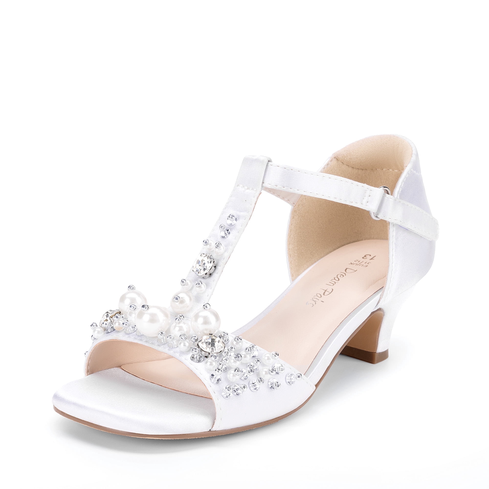 DREAM PAIRS Girls Sandals Ankle Strap T-Strap Low Heel Pearl Bow Flower ...