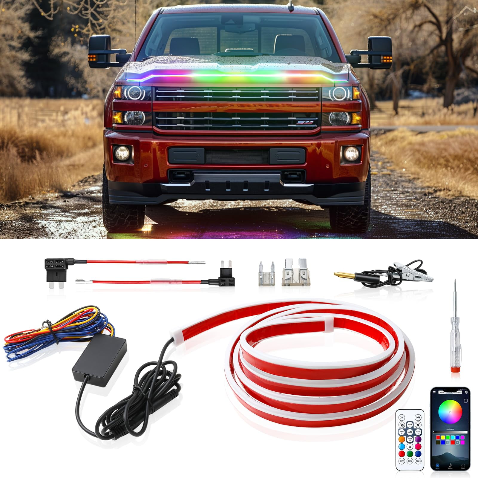 DREAMOTOR 94.5 Inch Car Hood Light Strip, White Dynamic Car LED Hood ...