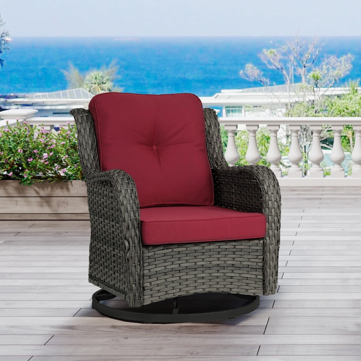 DREAMSIDEA 1-Piece Outdoor Wicker Swivel Chair with Cushions Patio ...