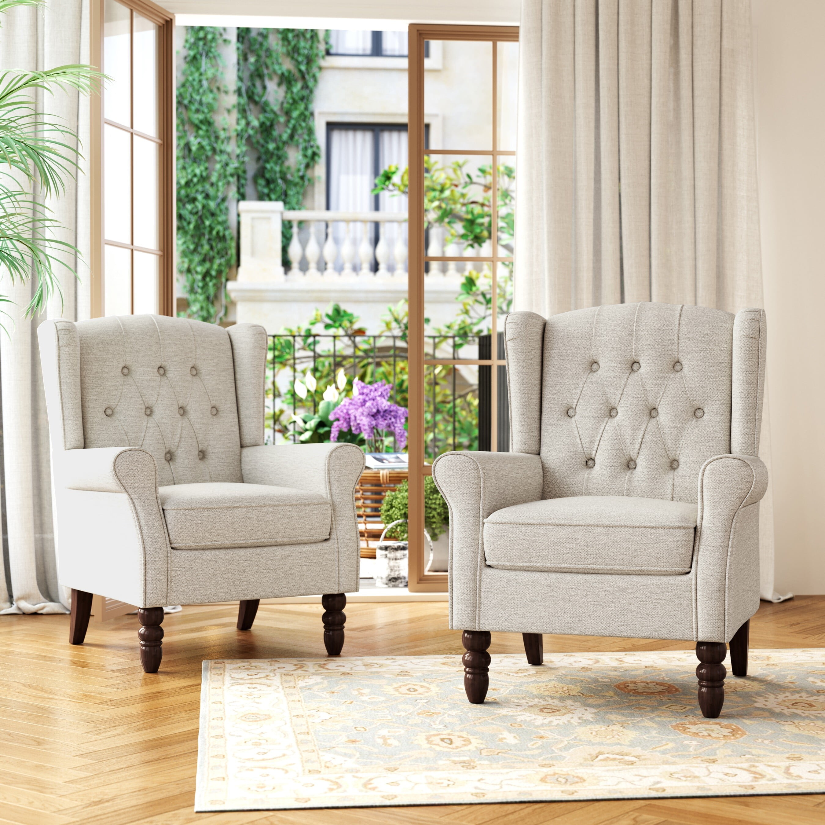 DREAMSIDEA Beige Wingback Chair,Traditional Upholstered Armchairs Set ...