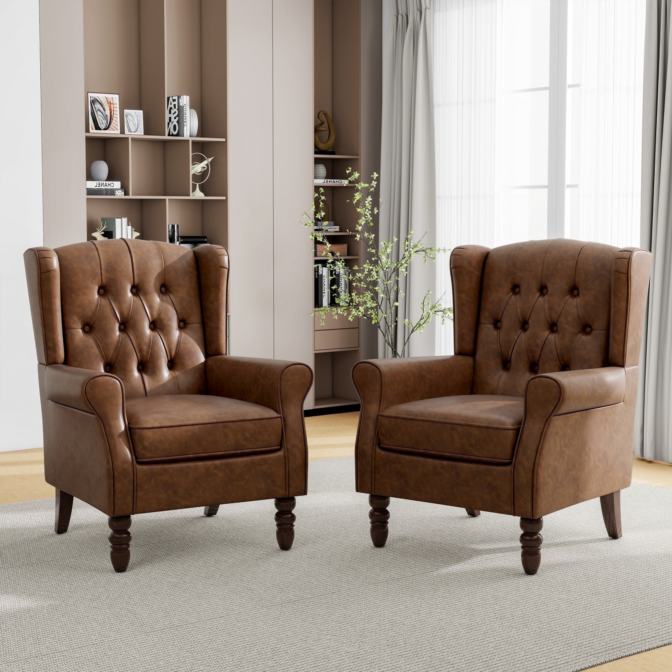 DREAMSIDEA Button Tufted Faux Leather Accent Chair Set of 2 with High ...