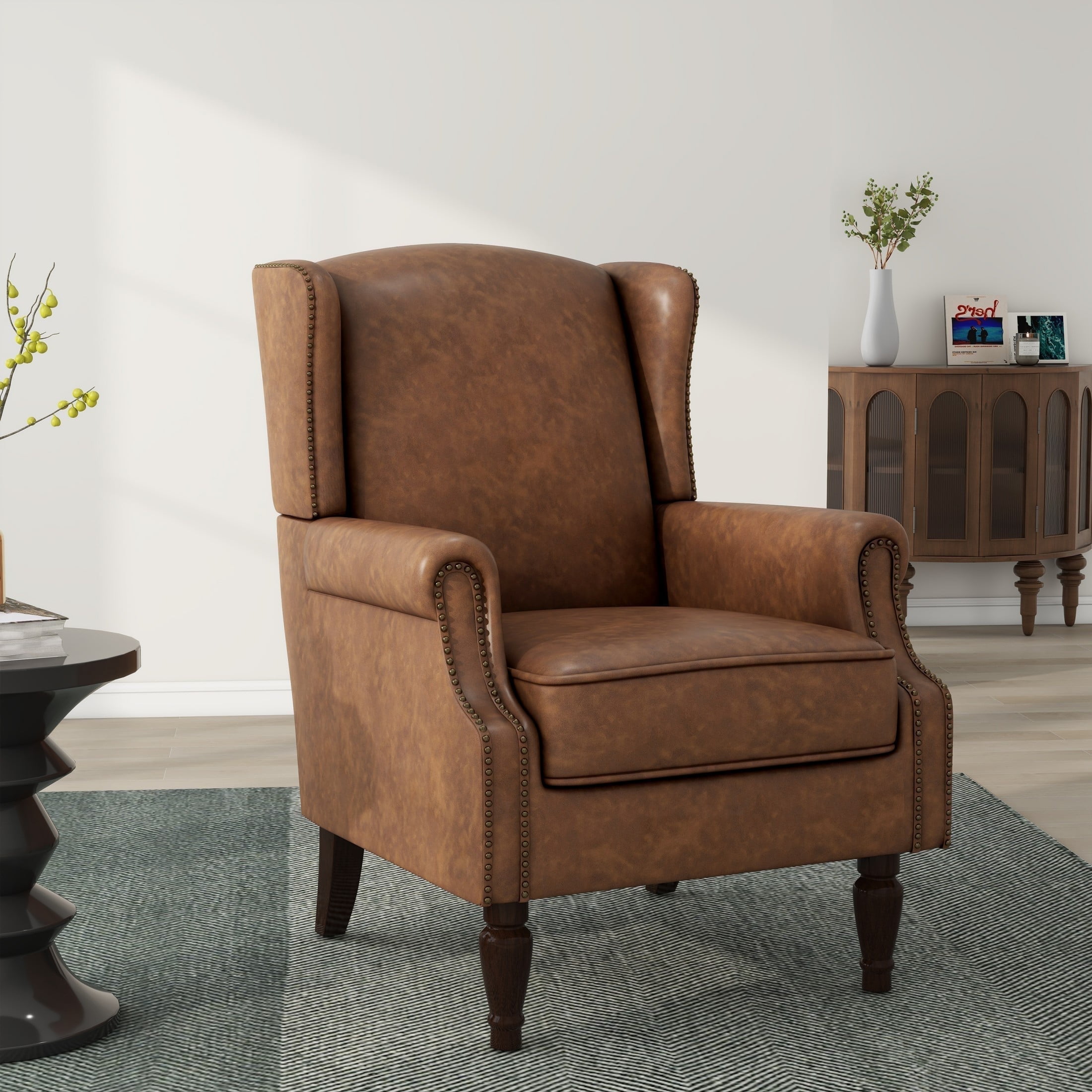 DREAMSIDEA Faux Leather Wingback Accent Chair with Nailhead Trim ...