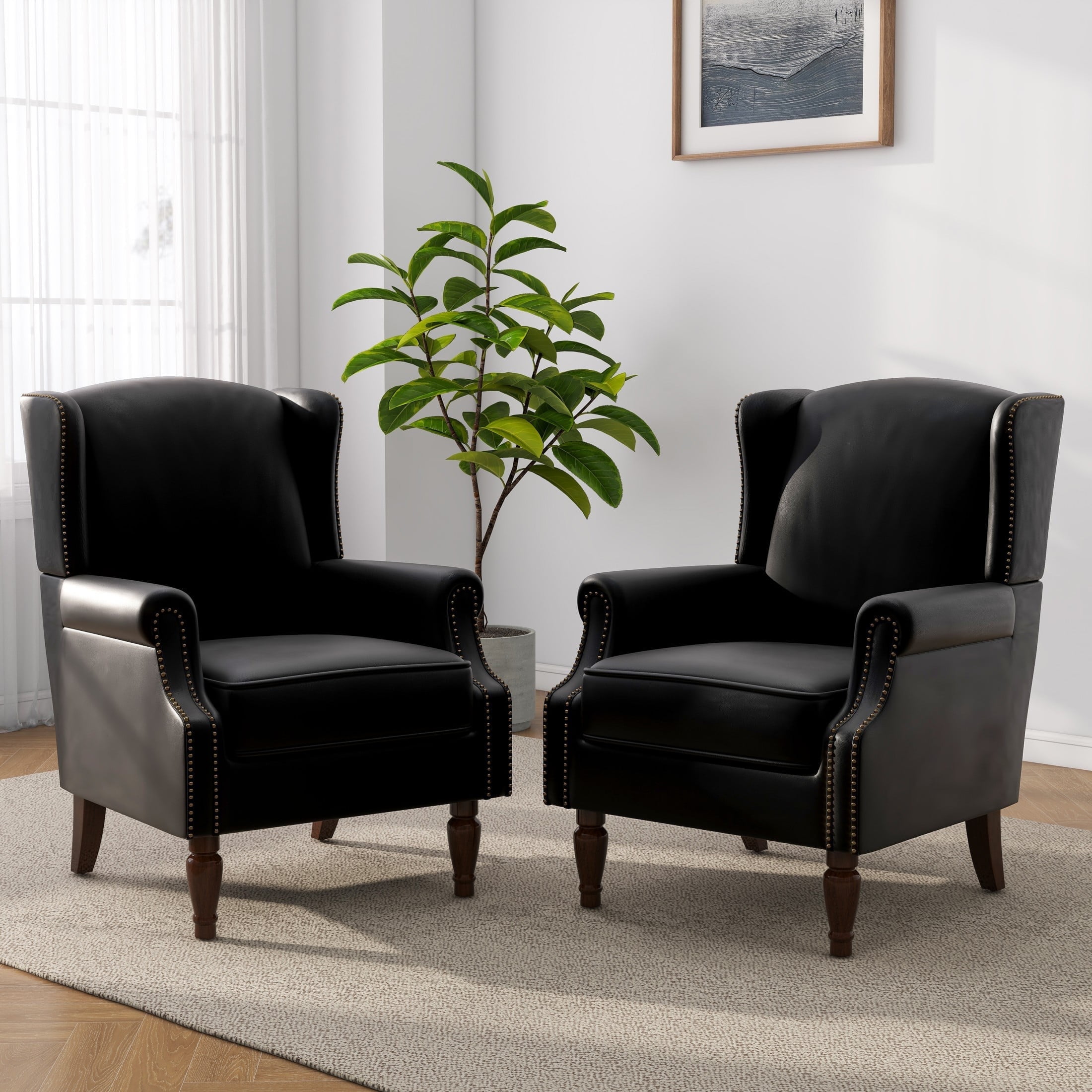DREAMSIDEA Faux Leather Wingback Accent Chairs Set of 2 with Nailhead ...