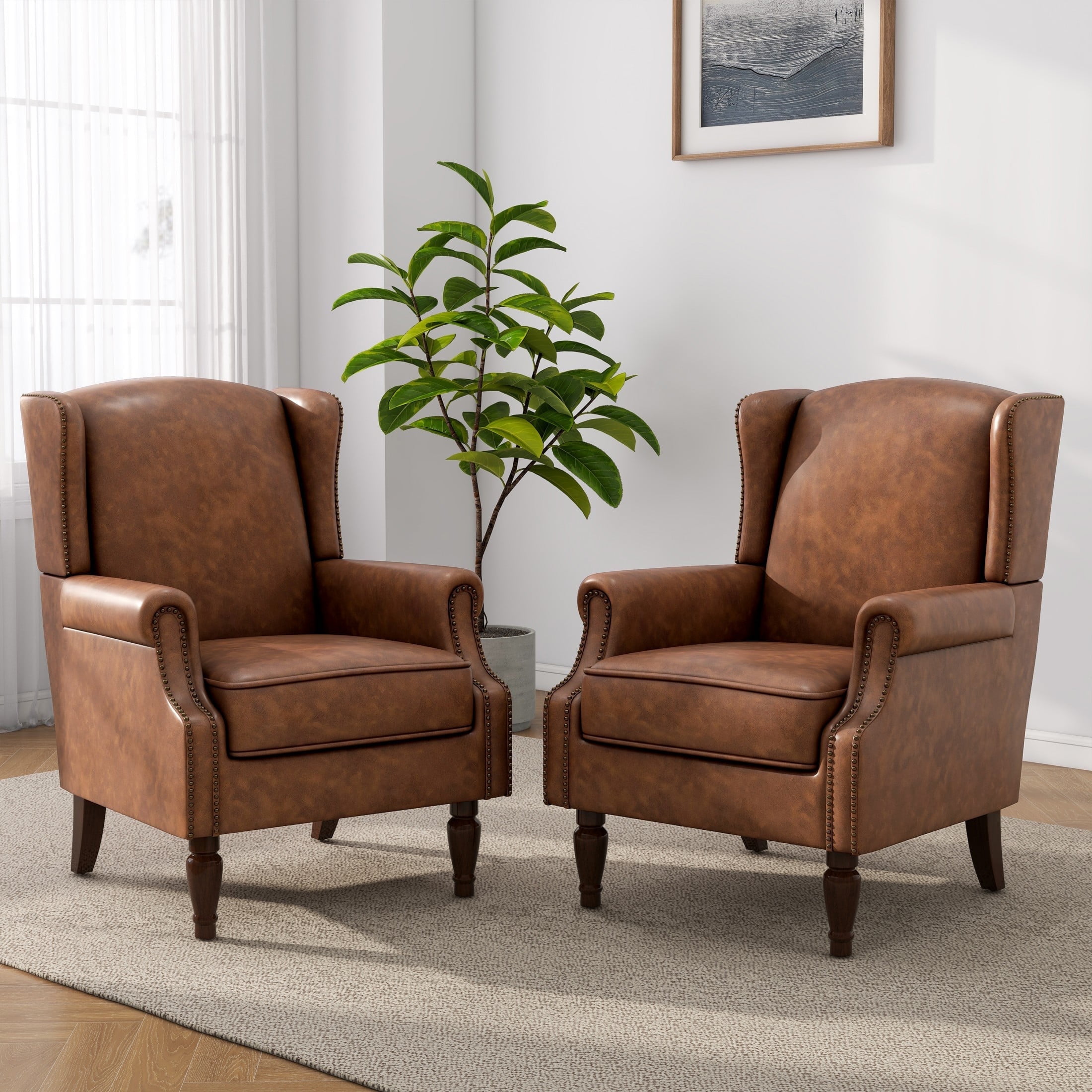 DREAMSIDEA Faux Leather Wingback Accent Chairs Set of 2 with Nailhead ...