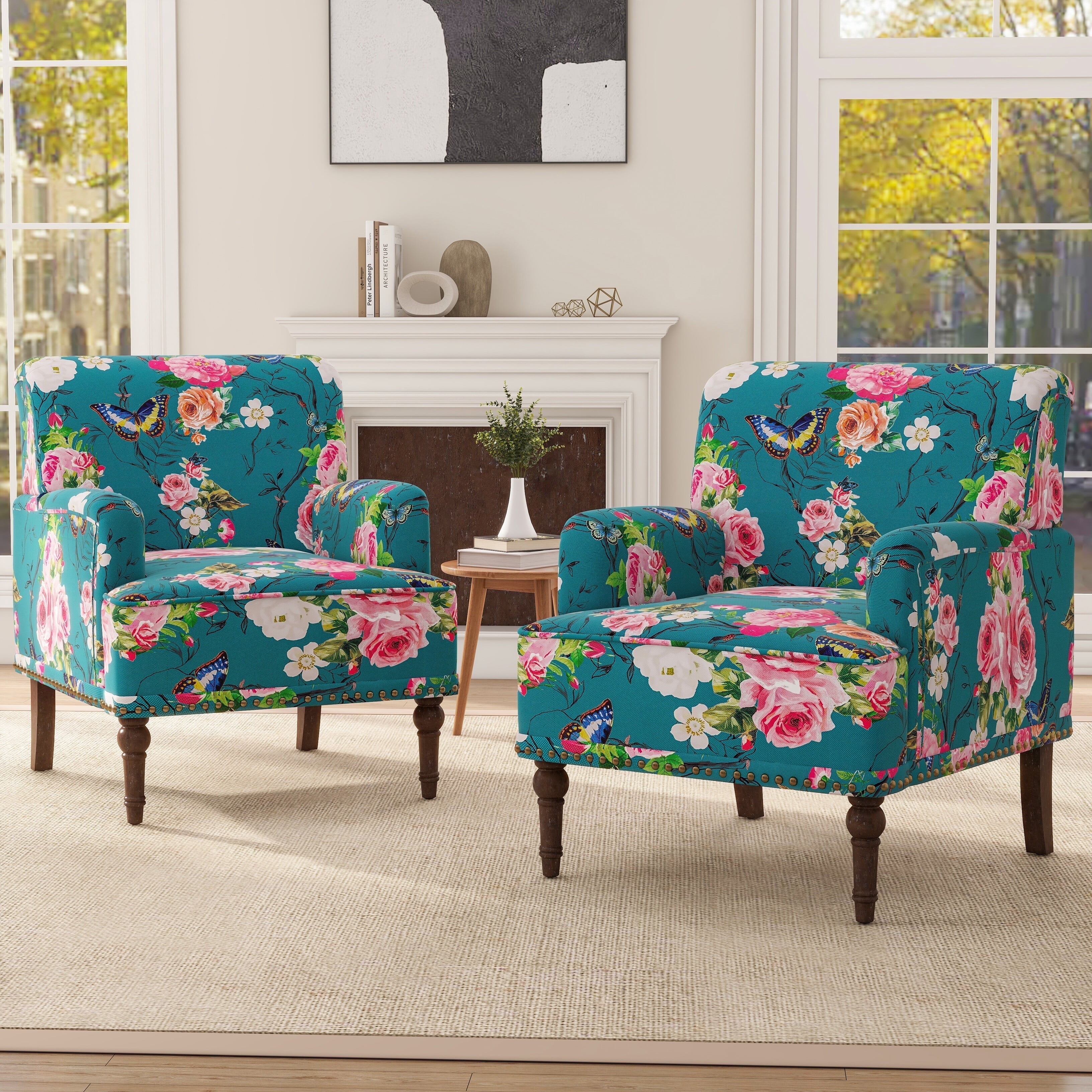 DREAMSIDEA Floral Accent Chairs Set of 2,Modern Nailhead Trim Armchair ...
