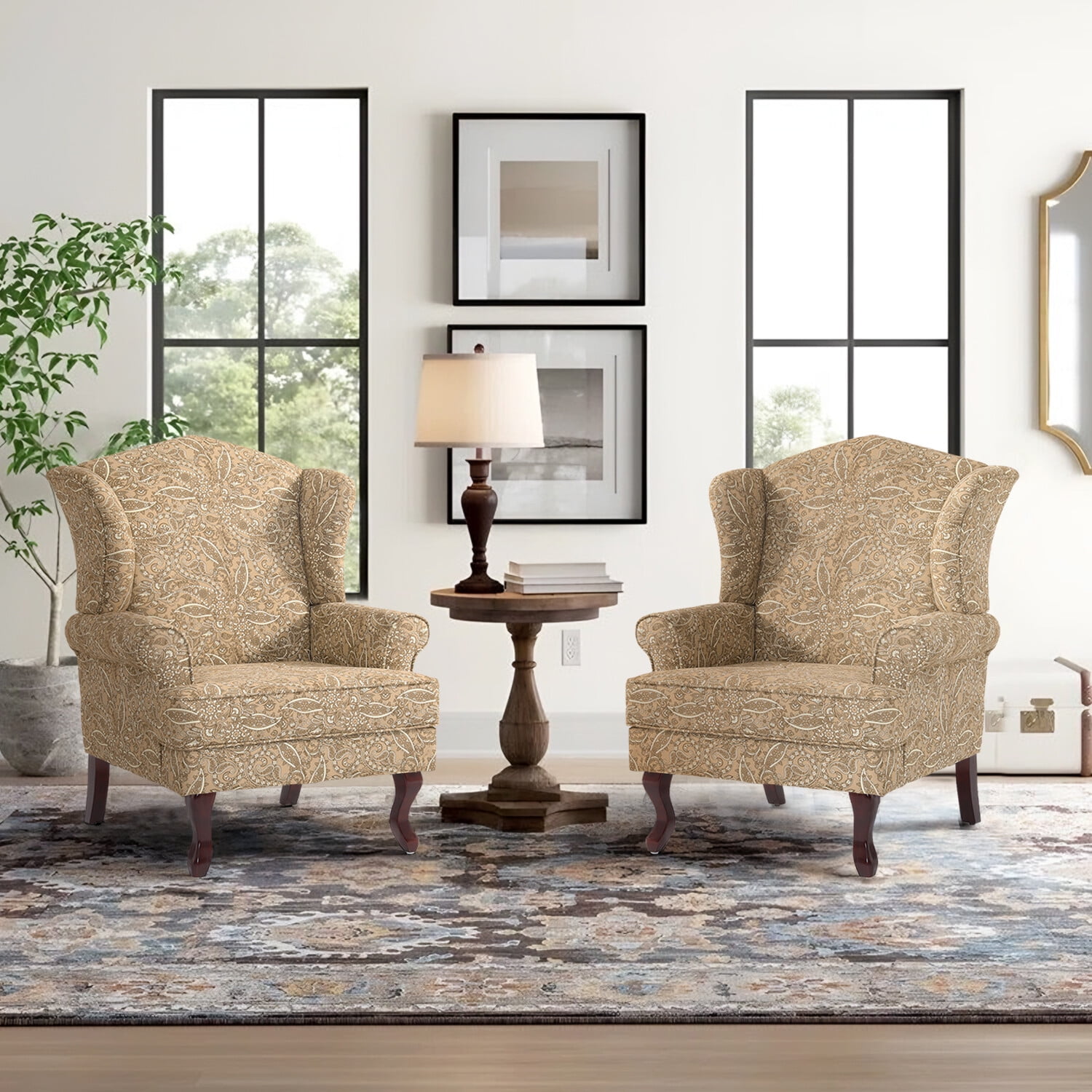 DREAMSIDEA High Back Wing Chairs Set of 2 Upholstered Fabric Floral ...
