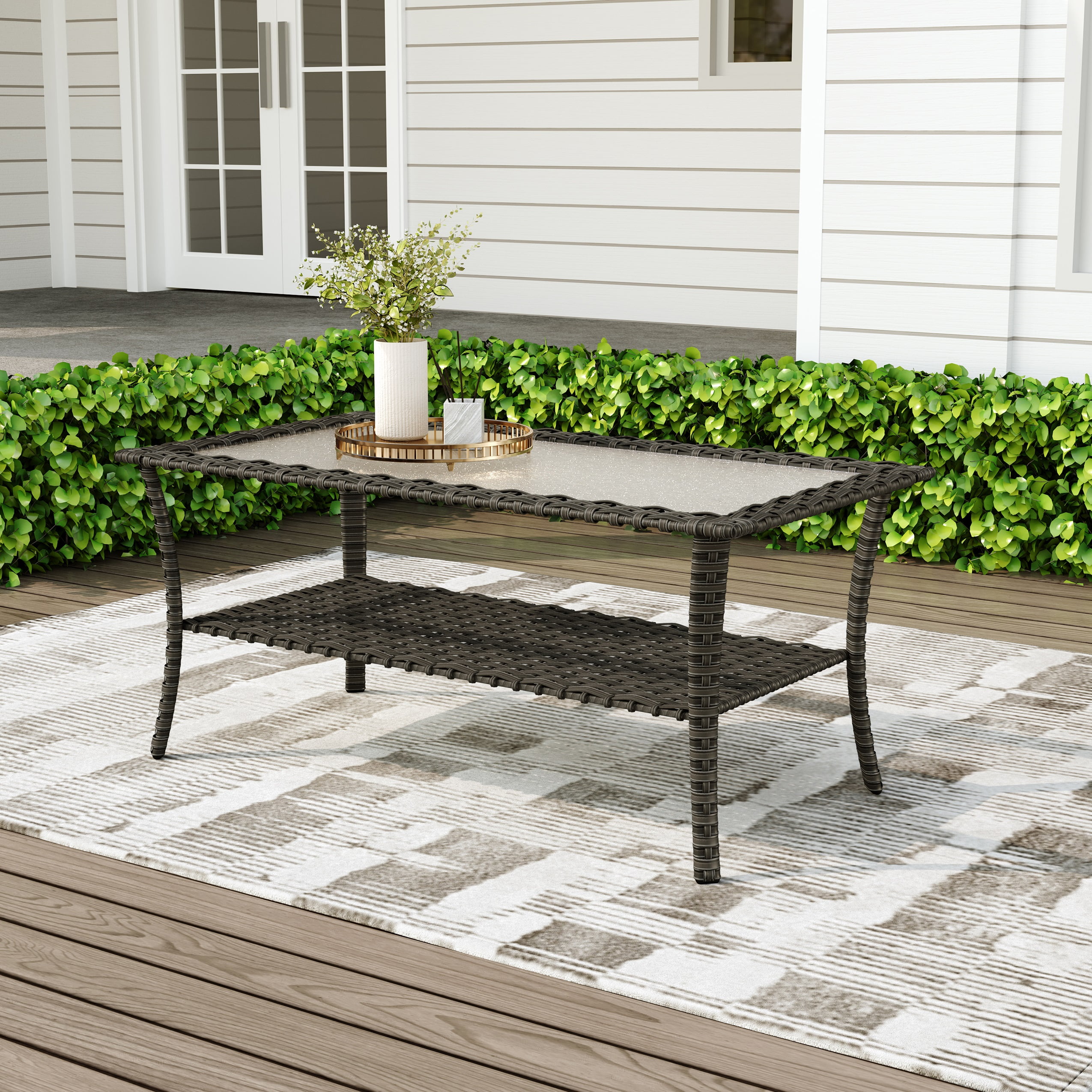 DREAMSIDEA Outdoor Wicker Glass-Top Table with All-Weather Wicker Shelf ...