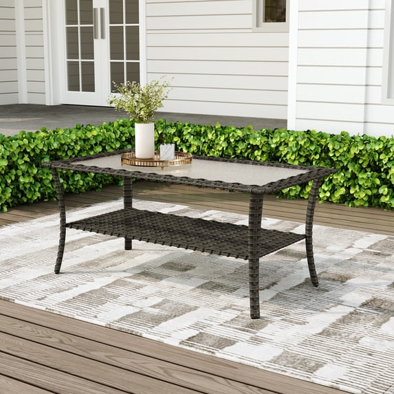 DREAMSIDEA Outdoor Wicker Glass-Top Table with All-Weather Wicker Shelf ...