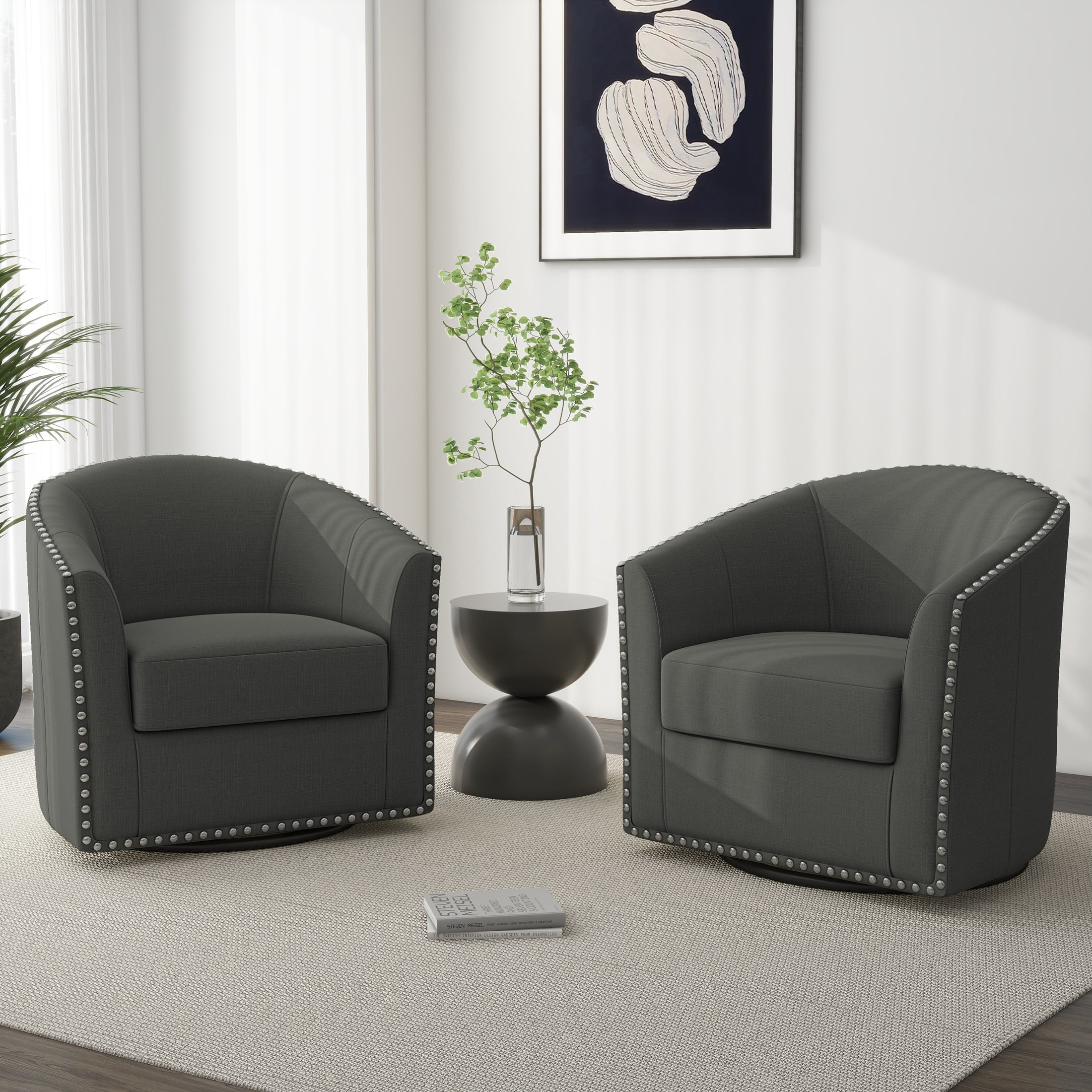 DREAMSIDEA Swivel Accent Chairs Set of 2,Oversized Linen Barrel Club ...