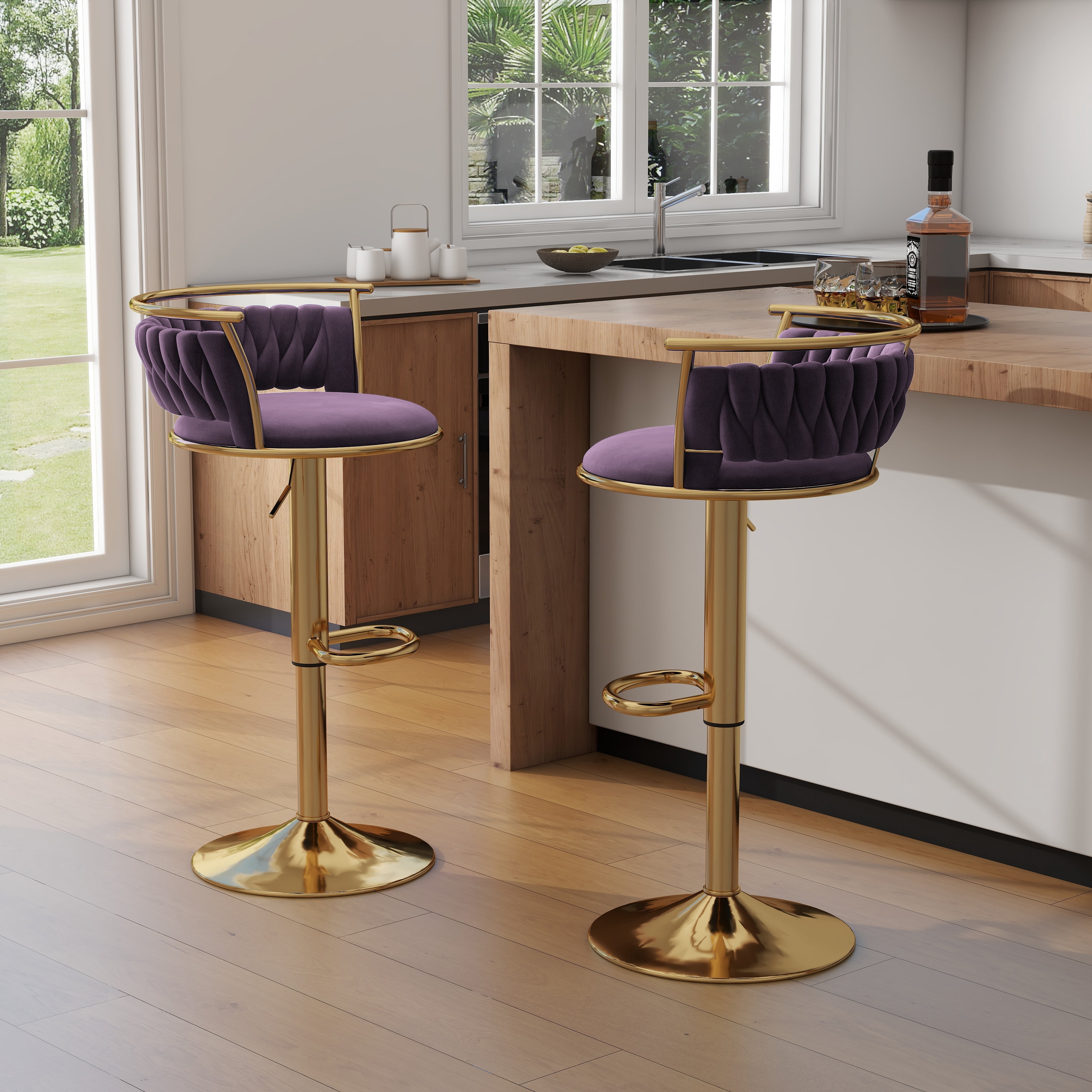 DREAMSIDEA Swivel Bar Stools Set of 2 Modern Velvet Upholstered High ...